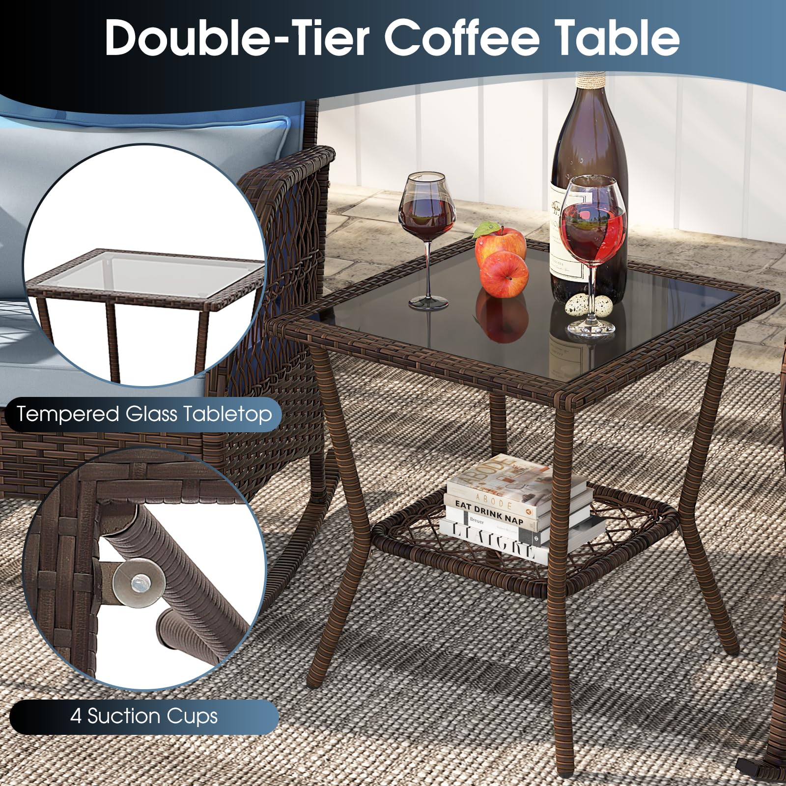 Tangkula 3 Piece Patio Rocker Set, Patiojoy Outdoor Wicker Rocking Chairs w/Double-Layer Coffee Table, Rattan Rocker Chair Set w/Seat Back Cushions & Pillows, for Porch, Backyard, Poolside (Grey)