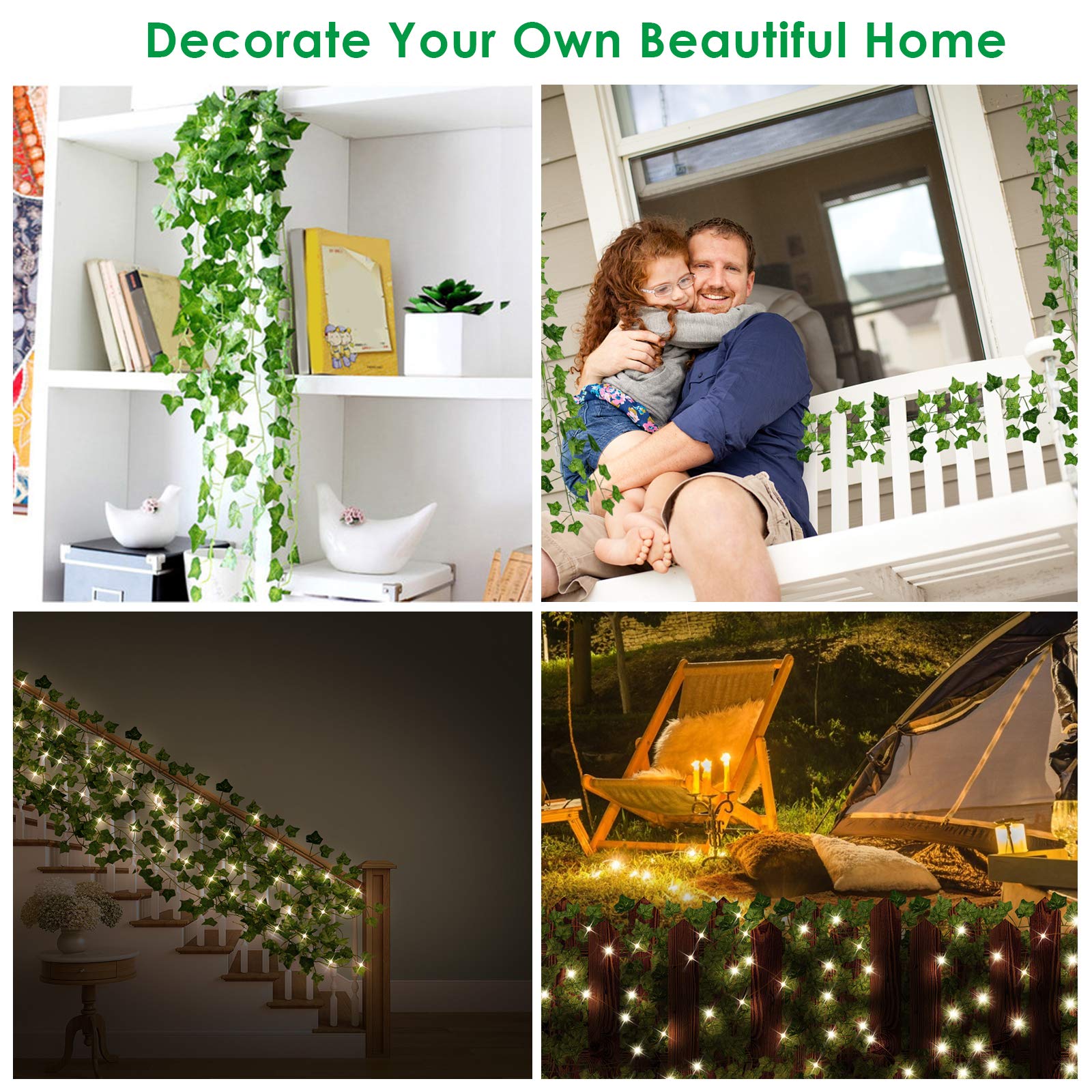 KETADO 12 Pack 84Ft Artificial Ivy Garland Leaf Vines with 65 Ft 200 LED String light, Garland Fake Foliage Flowers Plants Hanging for Party Garden Office Wedding Wall Decor and Home Kitchen, Green
