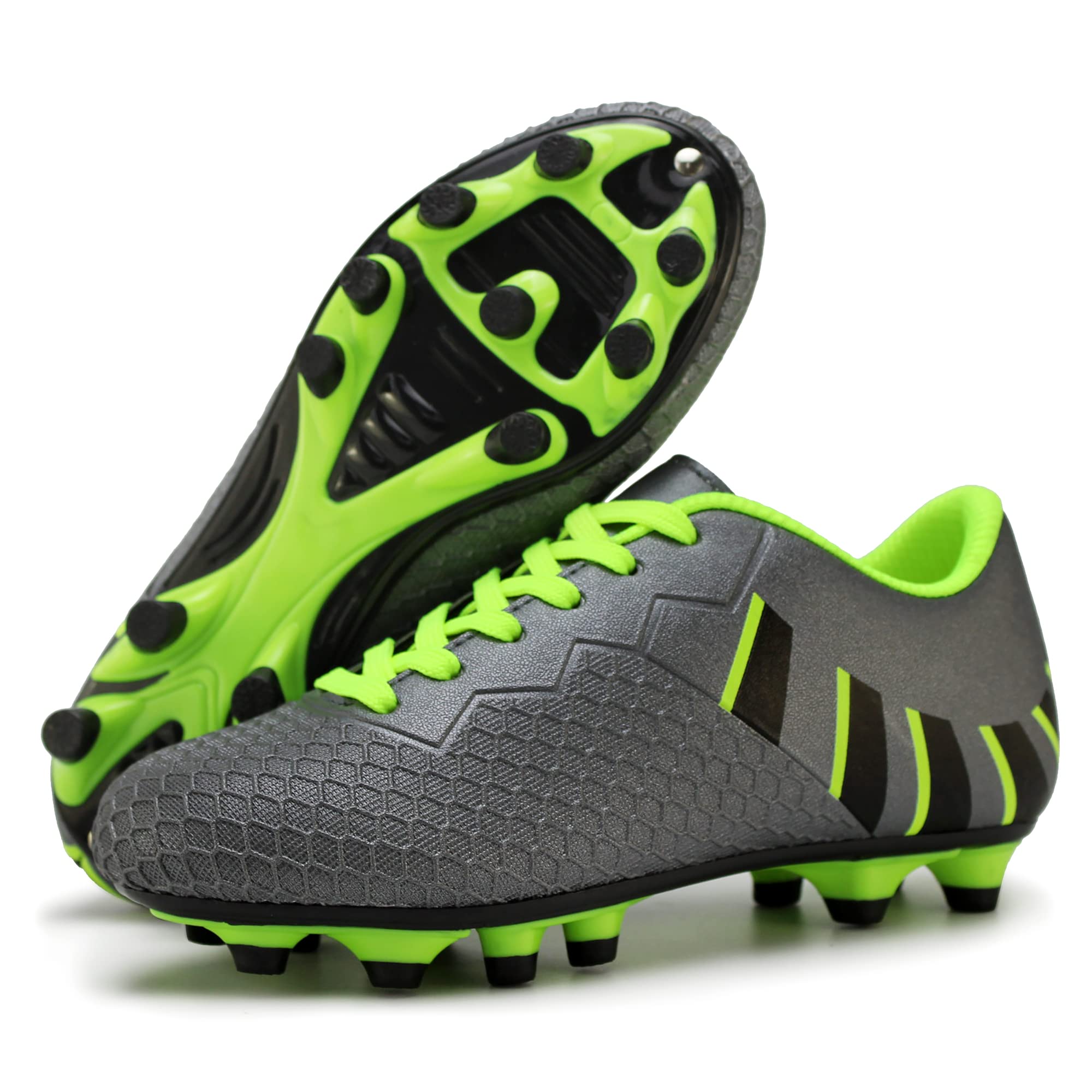 Hawkwell Athletic Firm Ground Outdoor Comfortable Soccer Shoes(Toddler/Little Kid/Big Kid), Grey Green PU, 1 M US