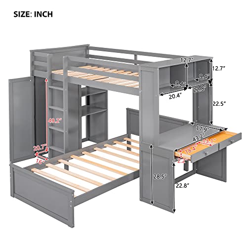 Twin Size Loft Bed with Desk and Wardrobe, Wood Loft Bed Frame with Storage Shelves and A Stand-alone Bed, Twin Over Twin Bunk Bed Frame for Kids Teens Adults (Bottom Bed Can Be Moved, Gray)