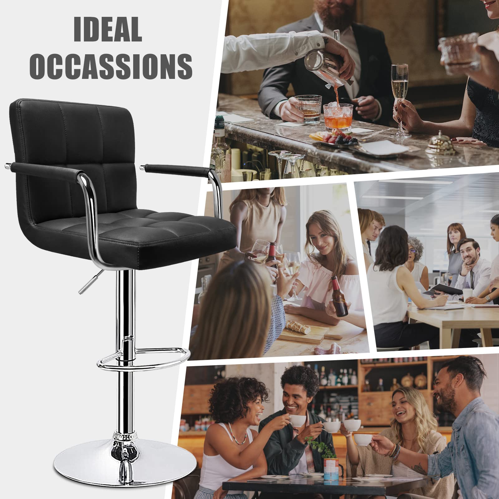 Huracan Bar Stools 1 Pack White Bar Chairs with Arms Swivel Counter Height Stools Adjustable Bar Stool with Back Bar Chair Armrest Modern Island Chairs for Kitchen 360 Degree (White, 1pc)