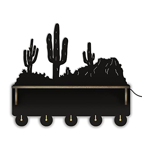 The Geeky Days Cliffs Cactus Key Holder for Wall, Desert Plant Wooden Wall Mounted Hat Coat Rack with Mail Medal Organizer Shelf, 5 Metal Hooks Hanger, for Closet Door Hanging Rustic Home Decor