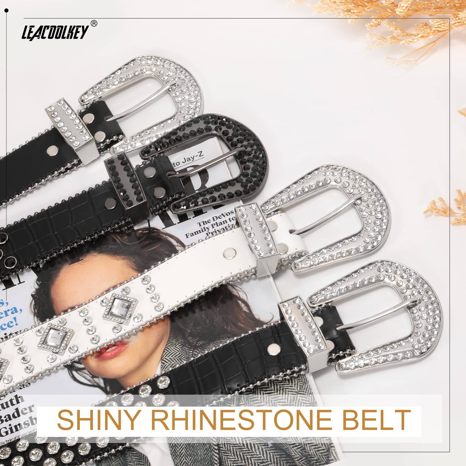LEACOOLKEY Men Women Rhinestone Leather Belt for Jeans Dress Western Cowboy Shiny Diamond Studded Design Belt Plus Size