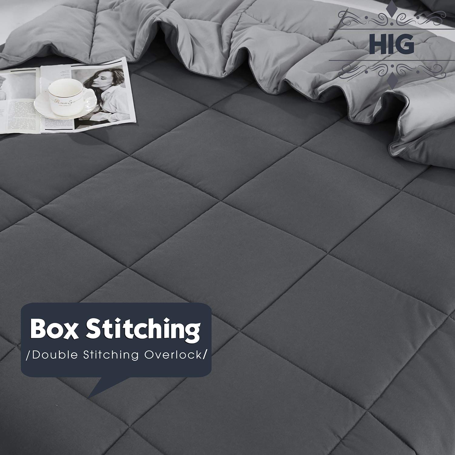 HIG 3pc Grey Queen Size Comforter Set - All Season Reversible Down Alternative Comforter with Two Shams - Quilted Duvet Insert with Corner Tabs - Box Stitched Blanket - Breathable, Soft