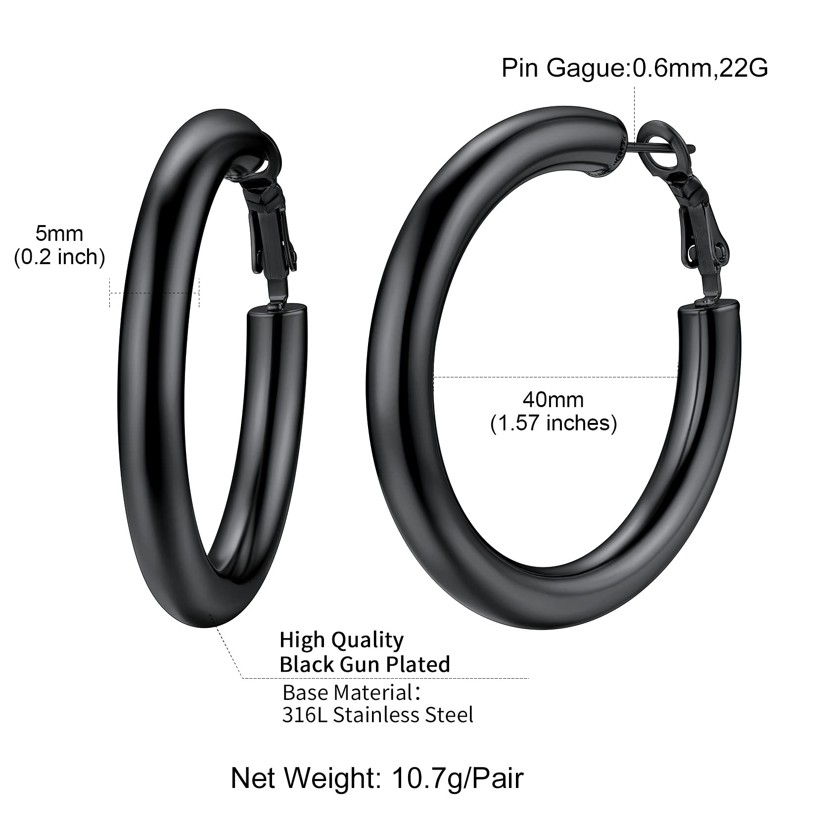 Hoop Earrings 40mm Diameter| Black Hoop Earrings Lightweight Hypoallergenic Earring Minimalist Jewelry