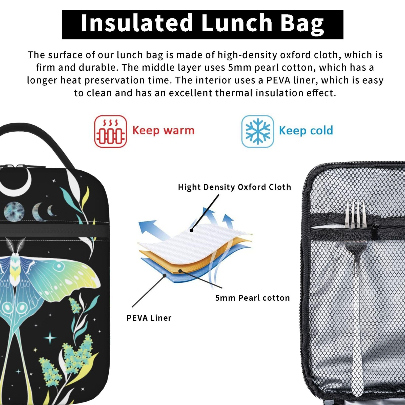 Greatreme Moth Moon Stars Lunch Bag For Men Women, Reusable Insulated Lunch Bag Portable Lunch Tote