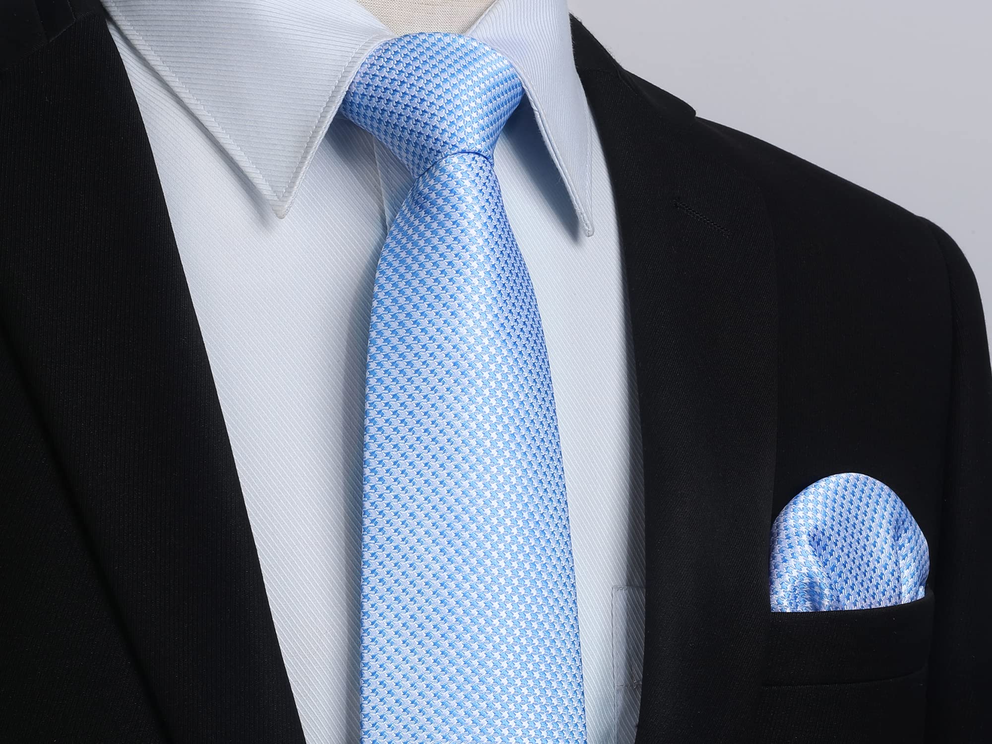 HISDERN Light Blue Tie Houndstooth Ties for Men Wedding Silk Tie Pocket Square Set Mens Designer Party Neckties Handkerchief Formal Business Necktie