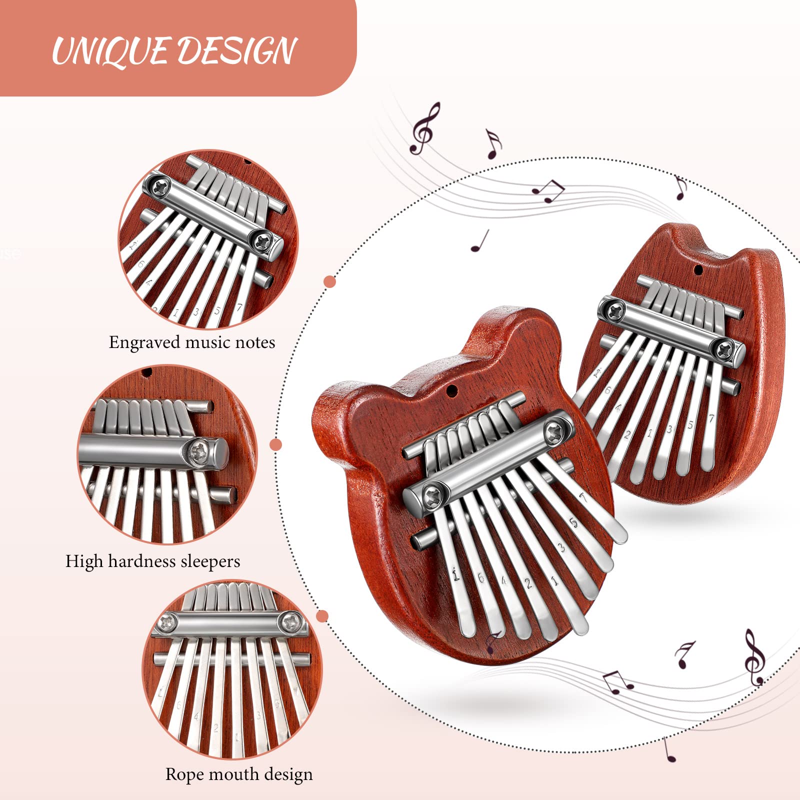 Konohan 24 Pcs 8 Keys Mini Kalimba Piano Set, Include 4 Mini Exquisite Finger Thumb Piano 4 Lanyard 4 Chains 8 Finger Protector 4 Cleaning Cloth for Kids Adults Beginners Gift (Cute Style)