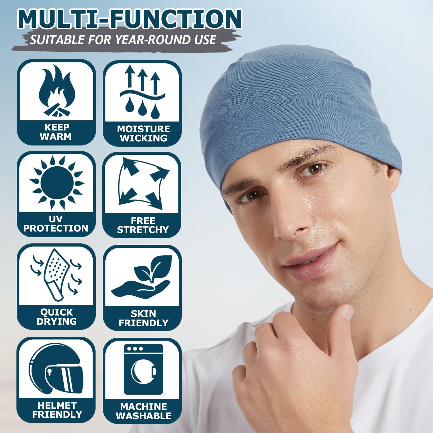Headshion Cotton Skull Caps for Men Women,4-Pack Lightweight Beanie Sleep Hats Breathable Helmet Liner