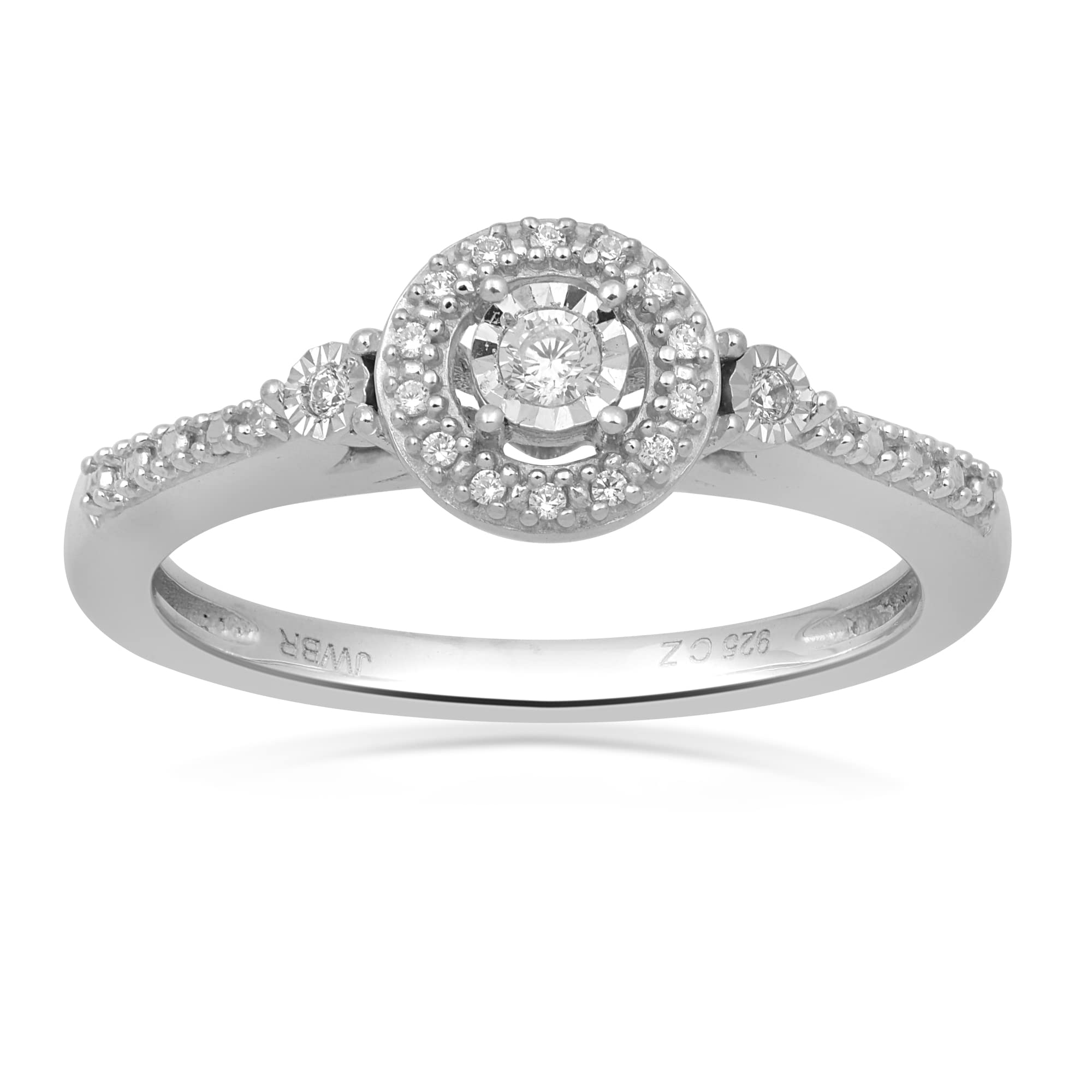 Jewelili Sterling Silver 1/10 Cttw Natural White Round Diamond Miracle Plate Halo Engagement Ring, Size 7