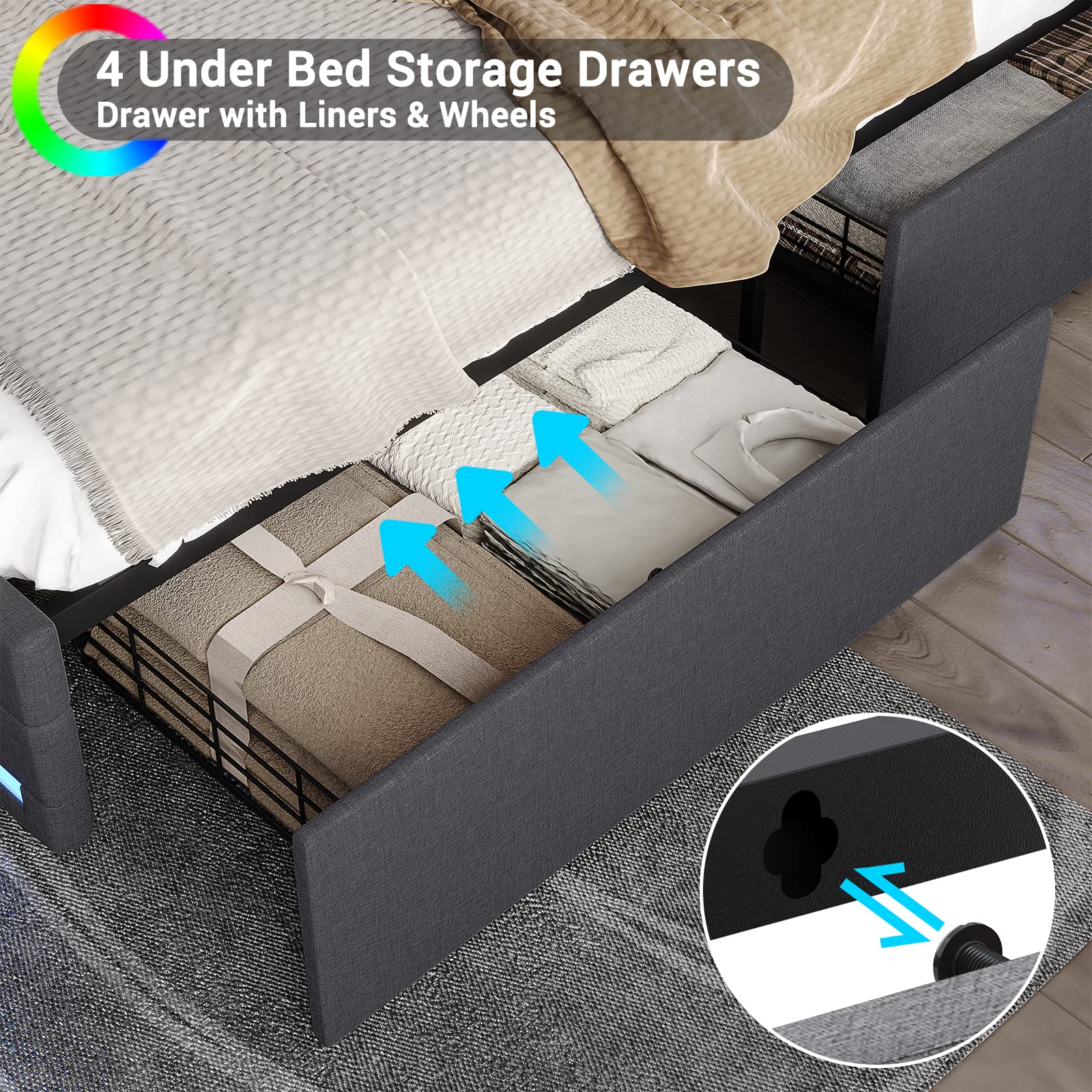 HAUOMS Queen Platform Bed with 4 Storage Drawers, Adjustable Headboard LED Lights, Dark Grey