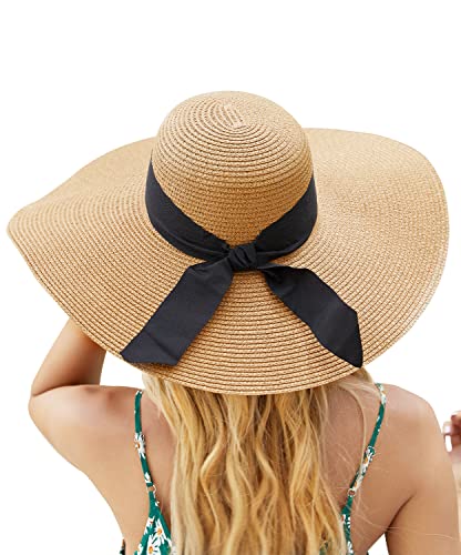 Womens Beach Sun Straw Hat - UV Protection UPF 50+ Sun Hats for Women with Wide Brim, Foldable Floppy Straw Beach Hat for Women