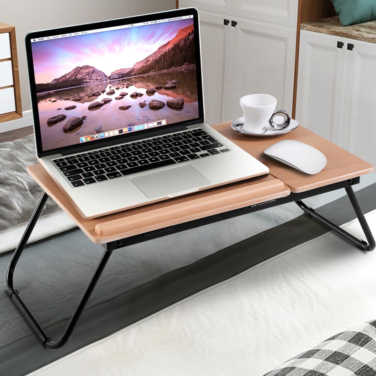 Home Office Desks, Folding Laptop Bed Table, Adjustable Lap Standing Desk Breakfast Bed Tray with 4-Angle Tilting Top, Portable Notebook Stand Reading Holder for Bed Sofa Computer Desk,
