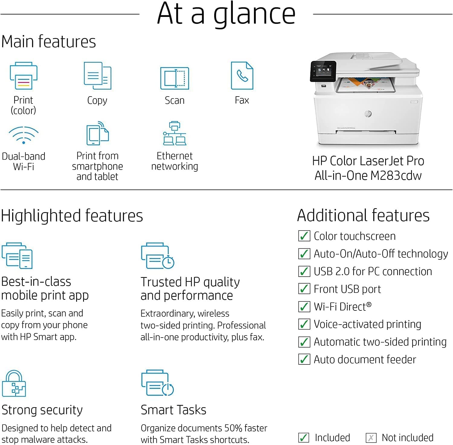 HP Laserjet Pro MFP M283cdw Wireless Ethernet All-in-One Color Laser Printer, White - Print Scan Copy Fax - 22 ppm, 2.7" Display, 600 x 600 dpi, 8.5 x 14, 50-Sheet ADF, Auto Duplex Printing