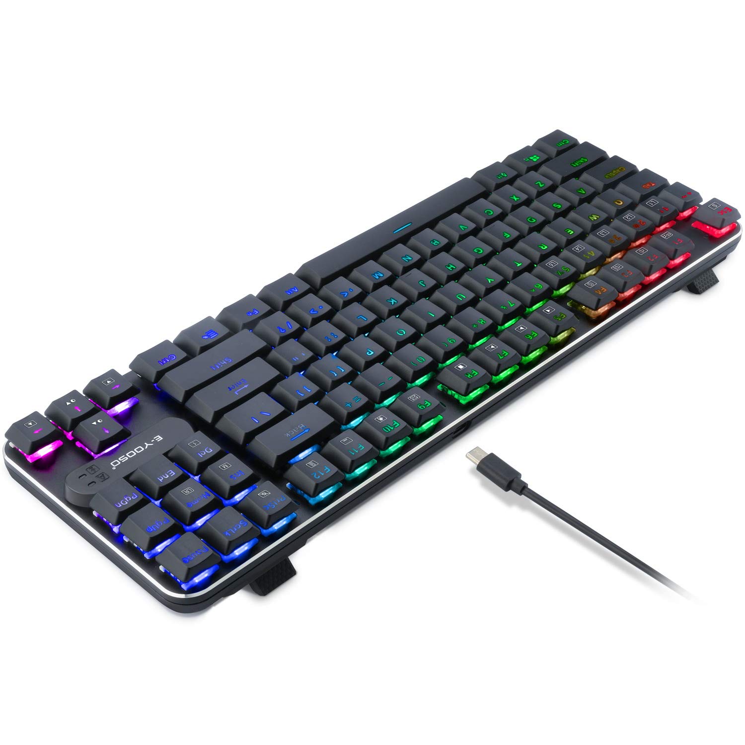 HUO JI Z-66 RGB Mechanical Gaming Keyboard with Metal Panel, Blue Switches, Detachable Cable, Low Profile, USB Wired 87 Keys for Windows PC Gaming, Black