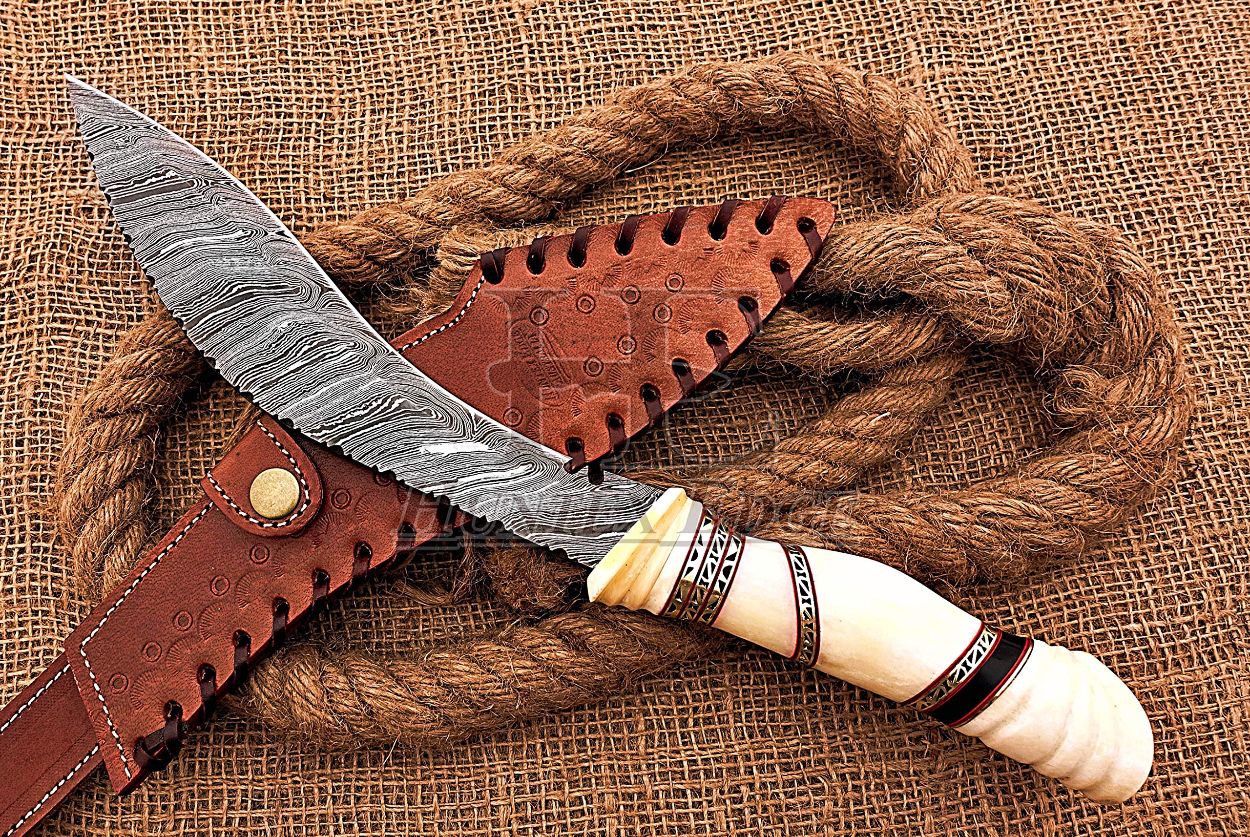 HUNTEX Unique Custom Handmade Hand Forged Damascus Steel 15 Inch Long Full Tang Camel Bone Handle Razor Sharp Hunting Camping Kukri Knife with Genuine Leather Sheath