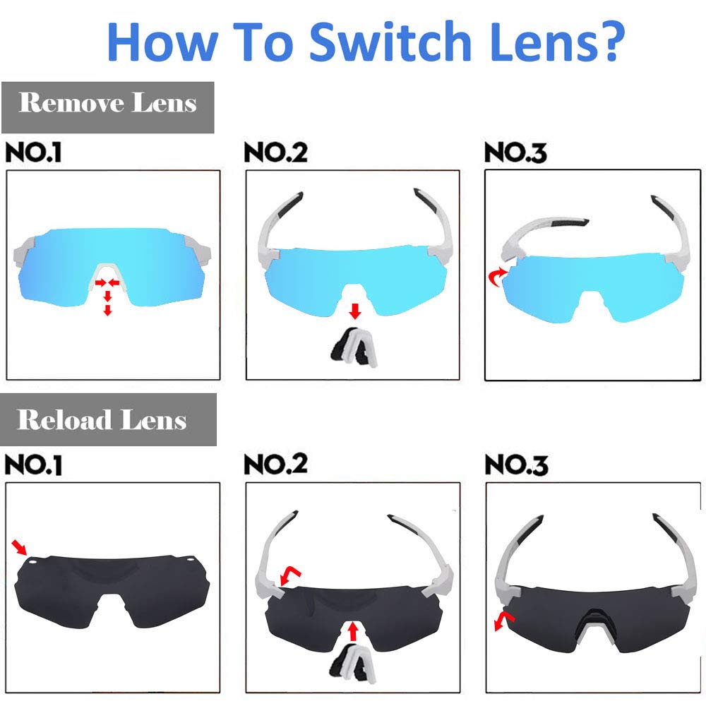 HTTOAR Cycling Glasses Sports Sunglasses with 3 Interchangeable Lenes for Men Women (Black blue)
