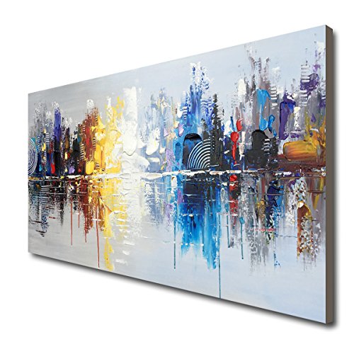 Hand Painted Modern Cityscape Textured Oil Painting on Canvas Reflection Abstract City Wall Art Decor