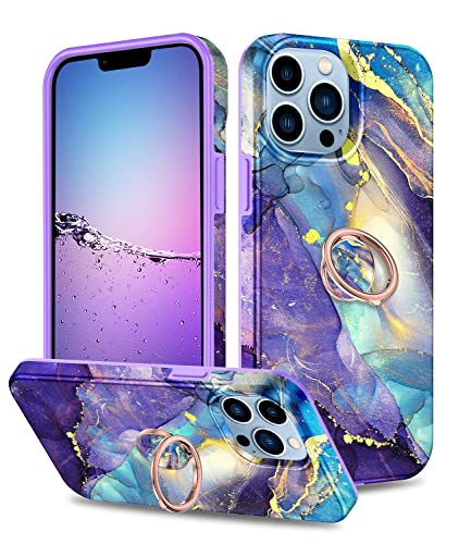 Rancase Compatible with iPhone 13 Pro Max Case with Ring Stand [360°Rotatable Ring Holder] Durable Marble Shockproof Kickstand TPU Slim Bumper Girls Case for iPhone 13 Pro Max 6.7 inch,Purple