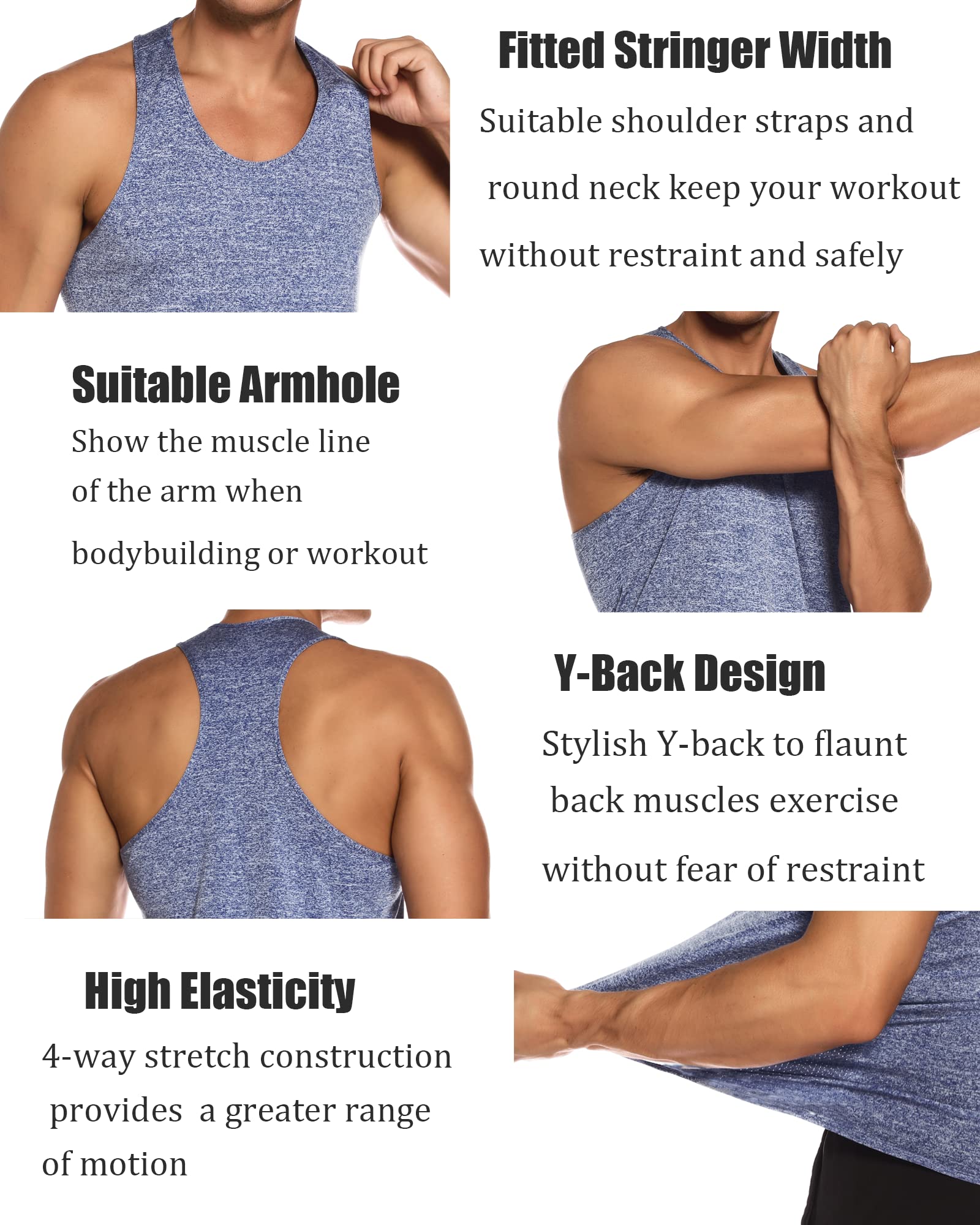 LecGee Gym Stringer Tank Tops for Men 3 Pack Y-Back Training Bodybuilding T-Shirts Dry Fit Workout Muscle Tee