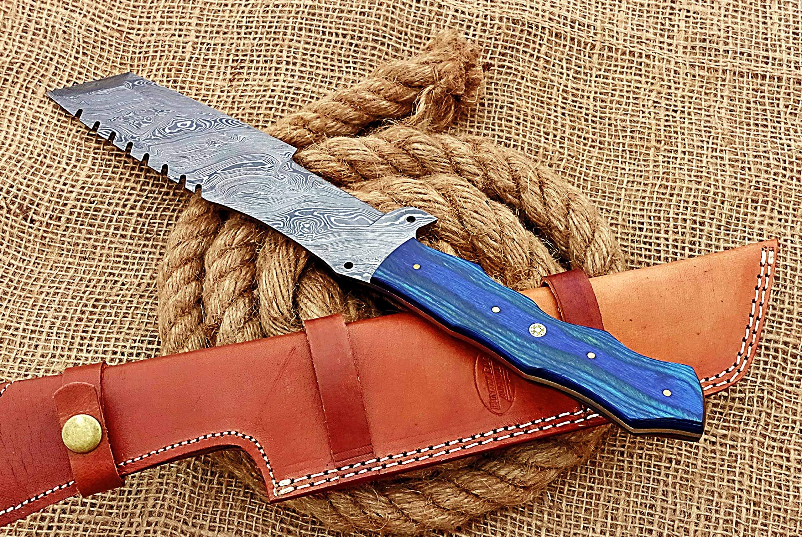 HUNTEX Unique Custom Handmade Hand-Forged Twist Pattern Damascus Steel 14 Inch Long Full Tang Pakka Wood Handle Razor Sharp Hunting Camping Tracker Knife with Genuine Leather Sheath