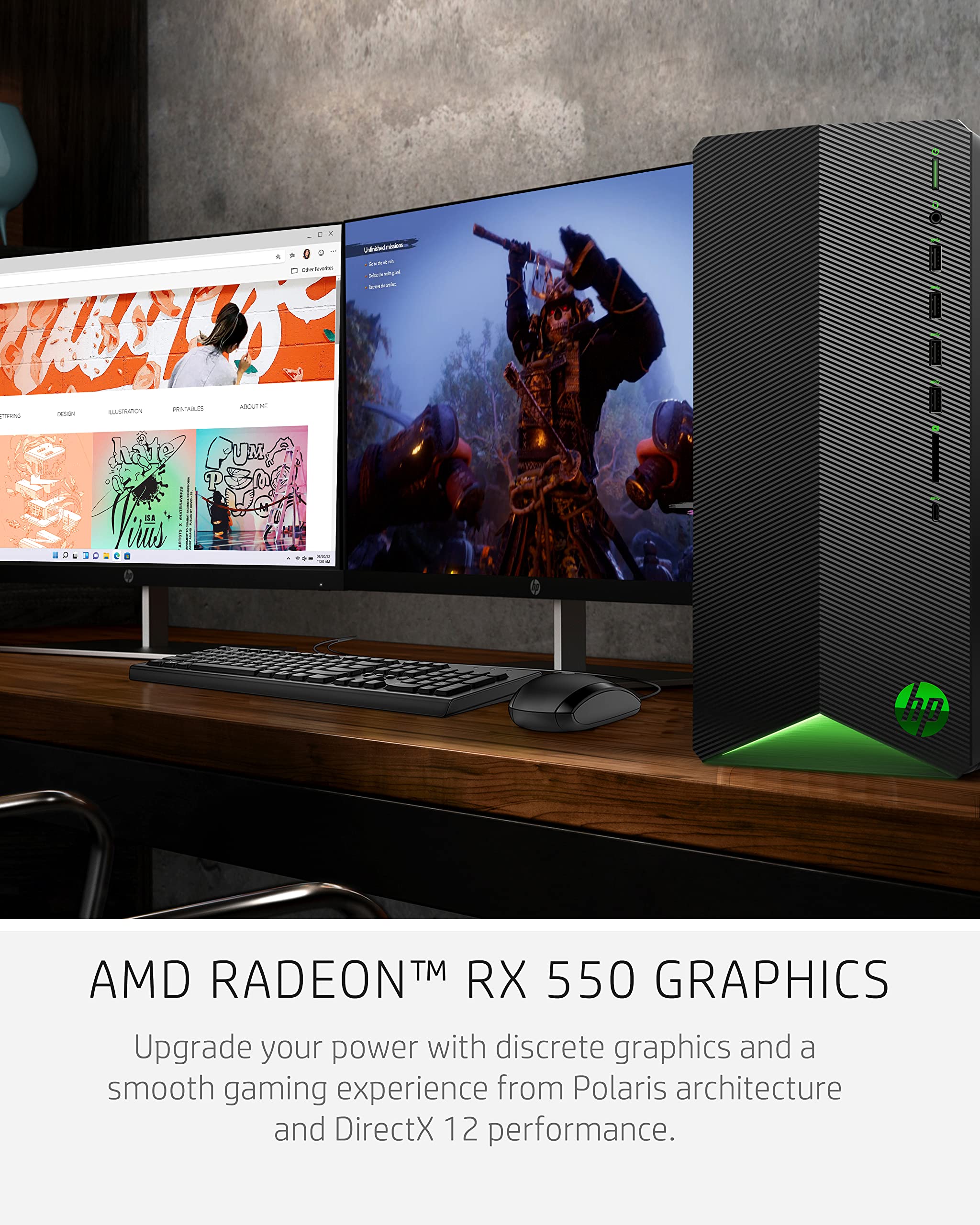 HP Newest Pavilion Gaming Desktop Computer, AMD 6-Core Ryzen 5 5600G Processor AMD Radeon RX5500 4 GB, 32GB RAM, 1TB PCIe NVMe SSD,Mouse and Keyboard, Win 11 Home.w/ELMTech