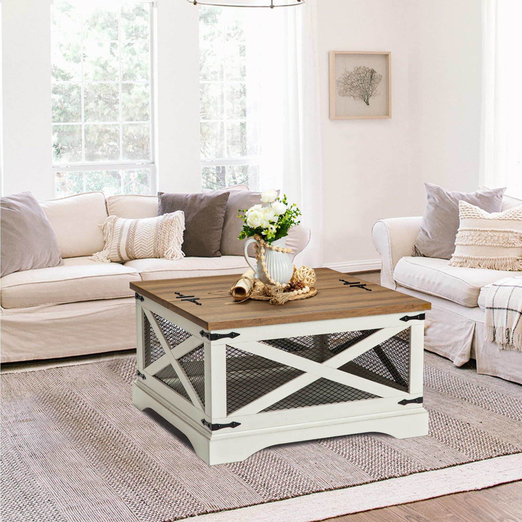 HOKYHOKY Square Coffee Table with Storage - 31.5" Farmhouse Wood Center Table w/Hinged Lift Top, Openwork Rustic Coffee Table w/Compatrment, Industrial Coffee Table for Living Room (Walnut)