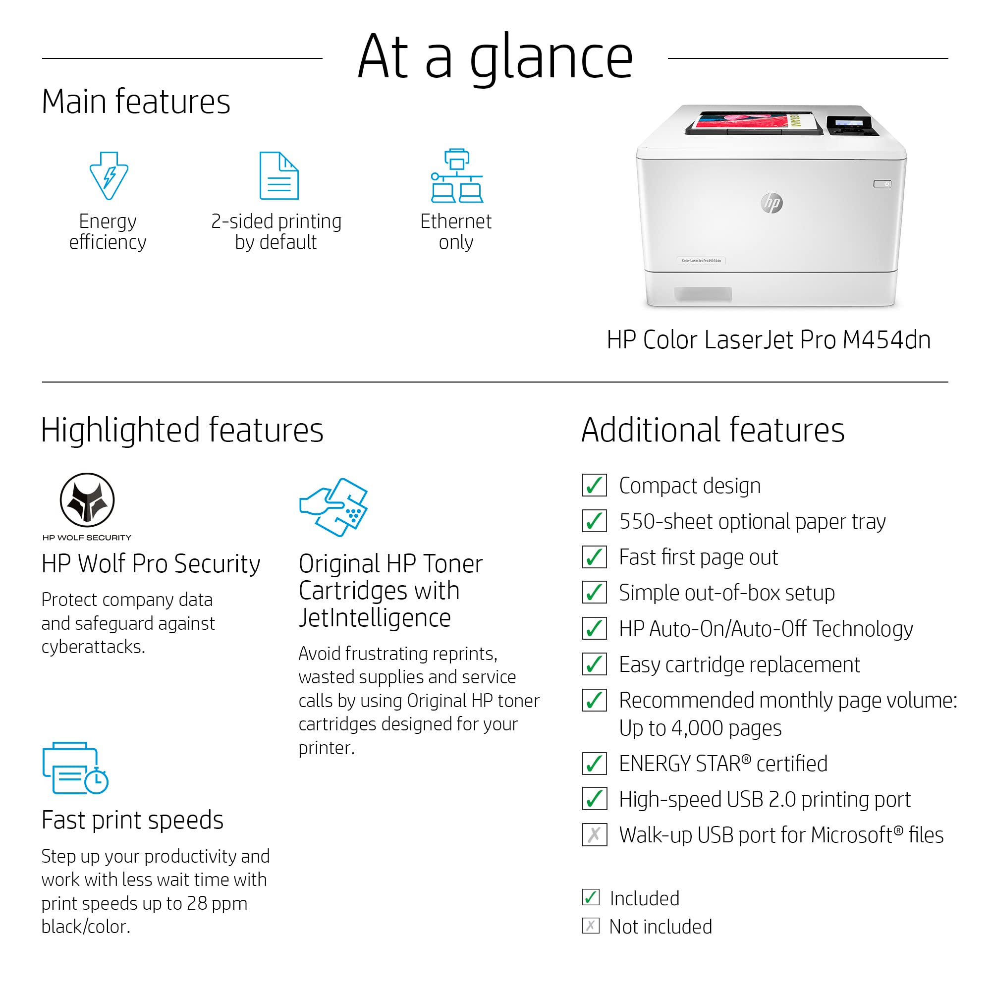 HP Color Laserjet Pro M454dn Wired Ethernet Laser Printer, White - Print only - 2-line Backlit LCD Display, 28 ppm, 600 x 600 dpi, 8.5 x 14, Auto Duplex Printing, Tillsiy Printer Cable