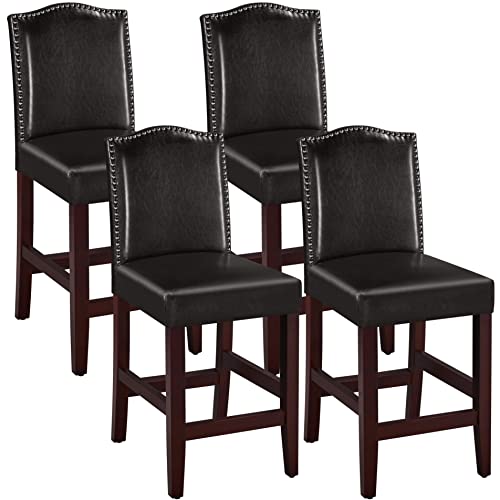 Yaheetech Bar Stools Kitchen Counter Height Stools 26 Inch High Back Leather Pub Chairs Wood Wooden Barstools Brown, 4PCS (Package 2)