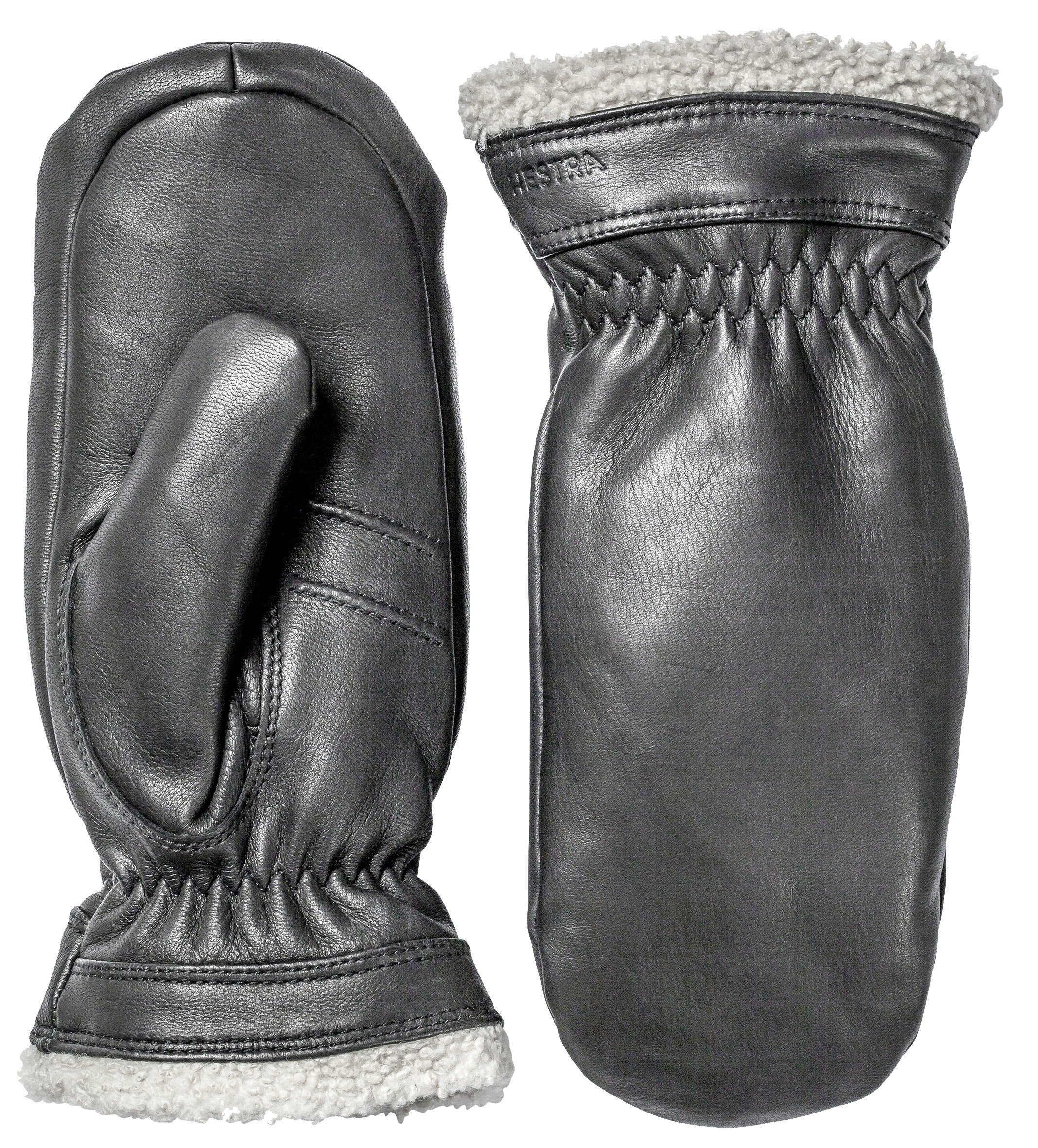 Hestra Leather Gloves for Women: Sheepskin Winter Cold Weather Mitten with Fur Cuff, Black, 6