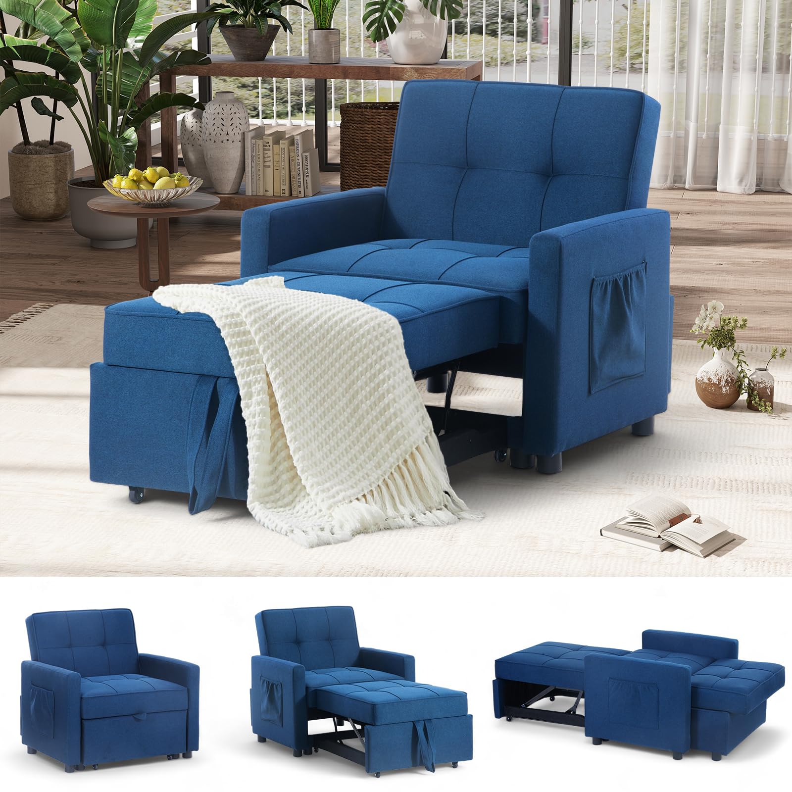 Skepphlay 3 in 1 Sofa Bed, Pull Out Couch with 3-Level Adjust Backrest, Convertible Loveseat with 2 Side Pockets, Sleeper Chairs for Adults, Modern Recliner for Living Room, Small Space, Blue