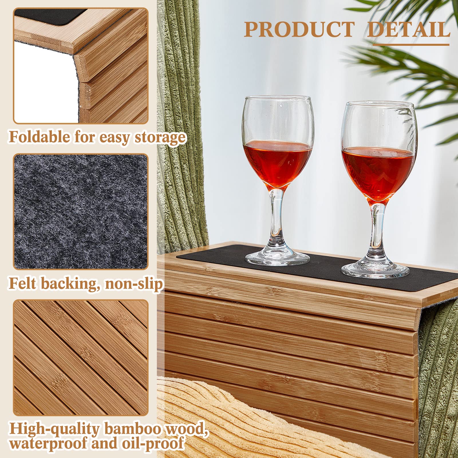 Maitys 2 Set Bamboo Wood Sofa Arm Tray TV Side Table for Couch Anti Slip Armrest Organizer Protector Drink Holder Drink Coaster Remote Caddy for Chair Birthday Housewarming Wedding Gifts
