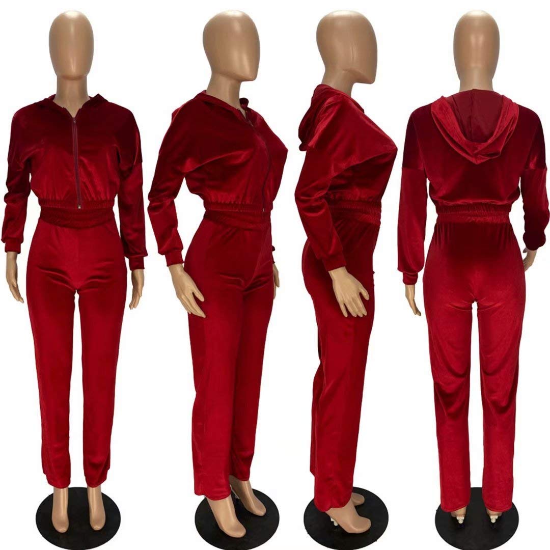IyMoo Women's Solid Velour Sweatsuit Set Hoodie and Pants Sport Suits Tracksuits Red M