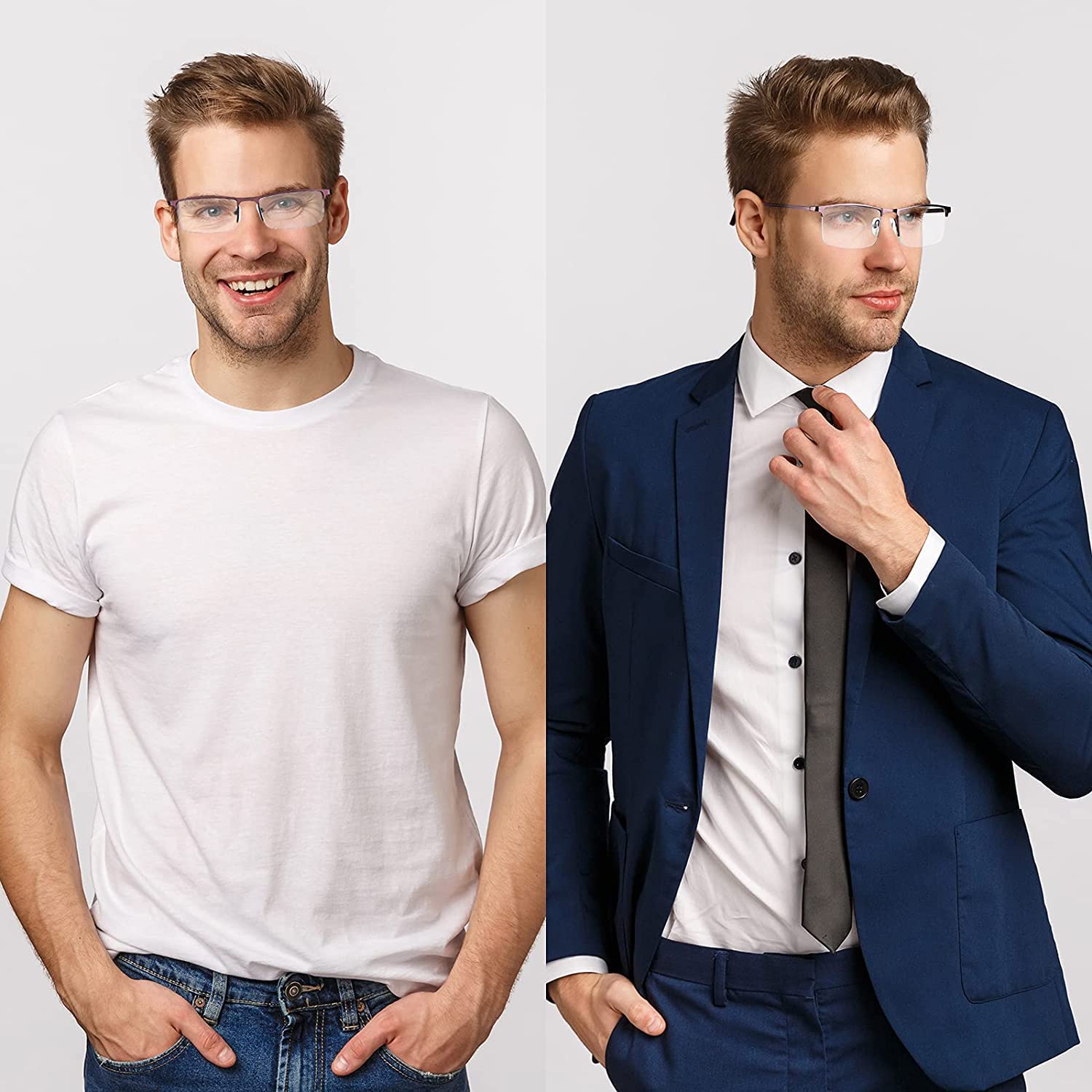 HUYAOPT 2-Pack Blue Light Blocking Reading Glasses Men Women Spring Hinge Computer Reading Glasses Metal Frame (Mixed Color, 1.5