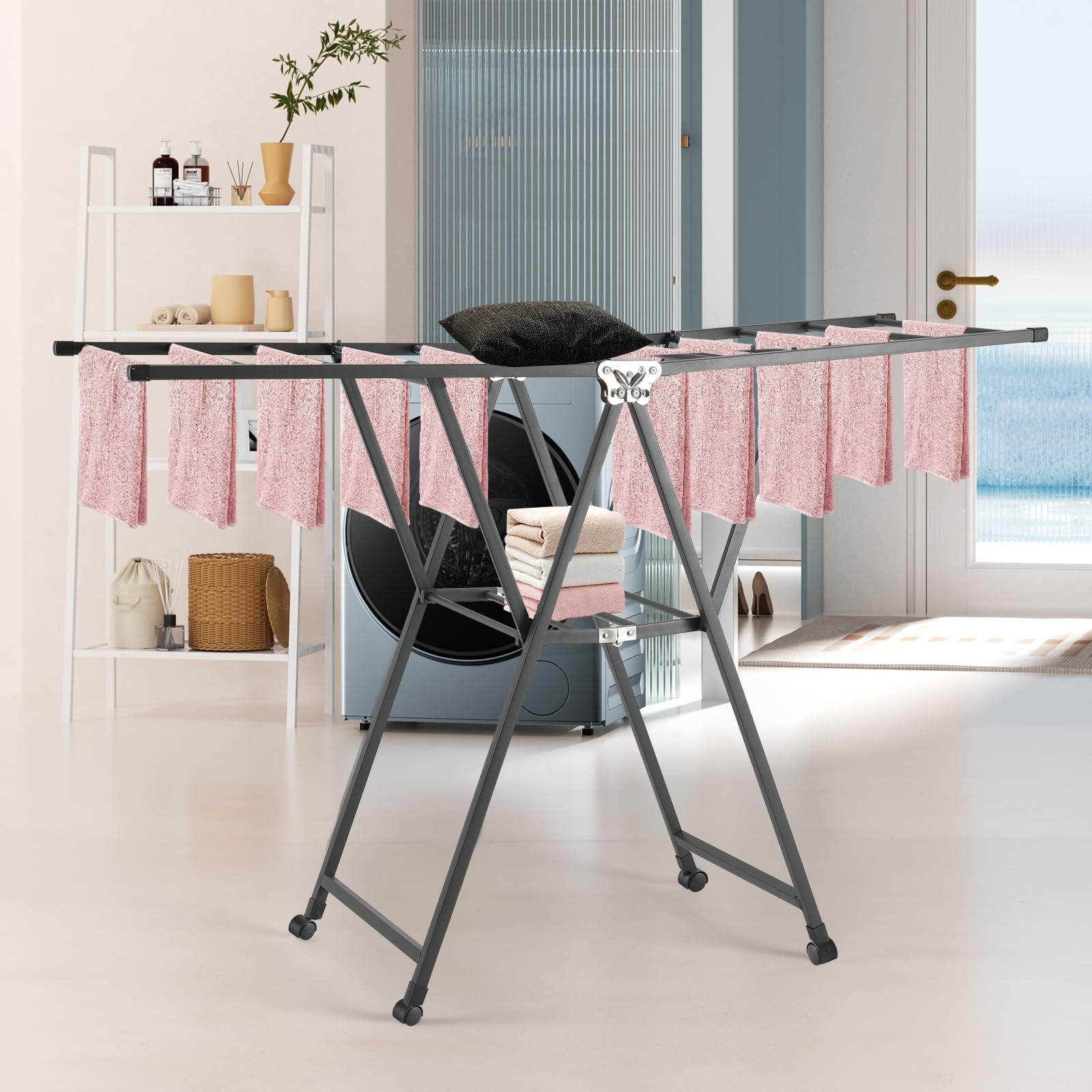 WGCTEK Folding Clothes Drying Rack, 2 Level Portable Collapsible Laundry Hanger Dryer Rack,Outdoor Foldable Drying Rack with Height-Adjustable Wings,with 4 Castors, Grey