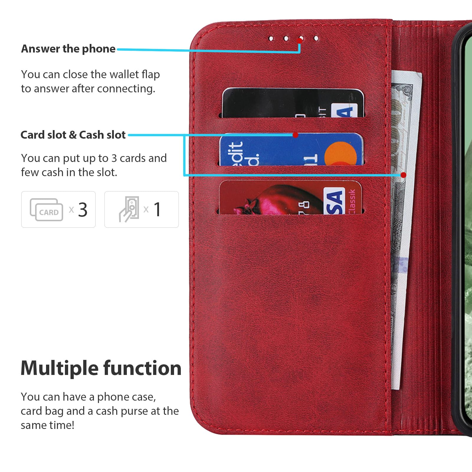 Havaya for Pixel 8 Case wallet with Card Holder google pixel 8 phone Case for women Flip folio leather phone Cover with Credit Card Slots for men-Red and black
