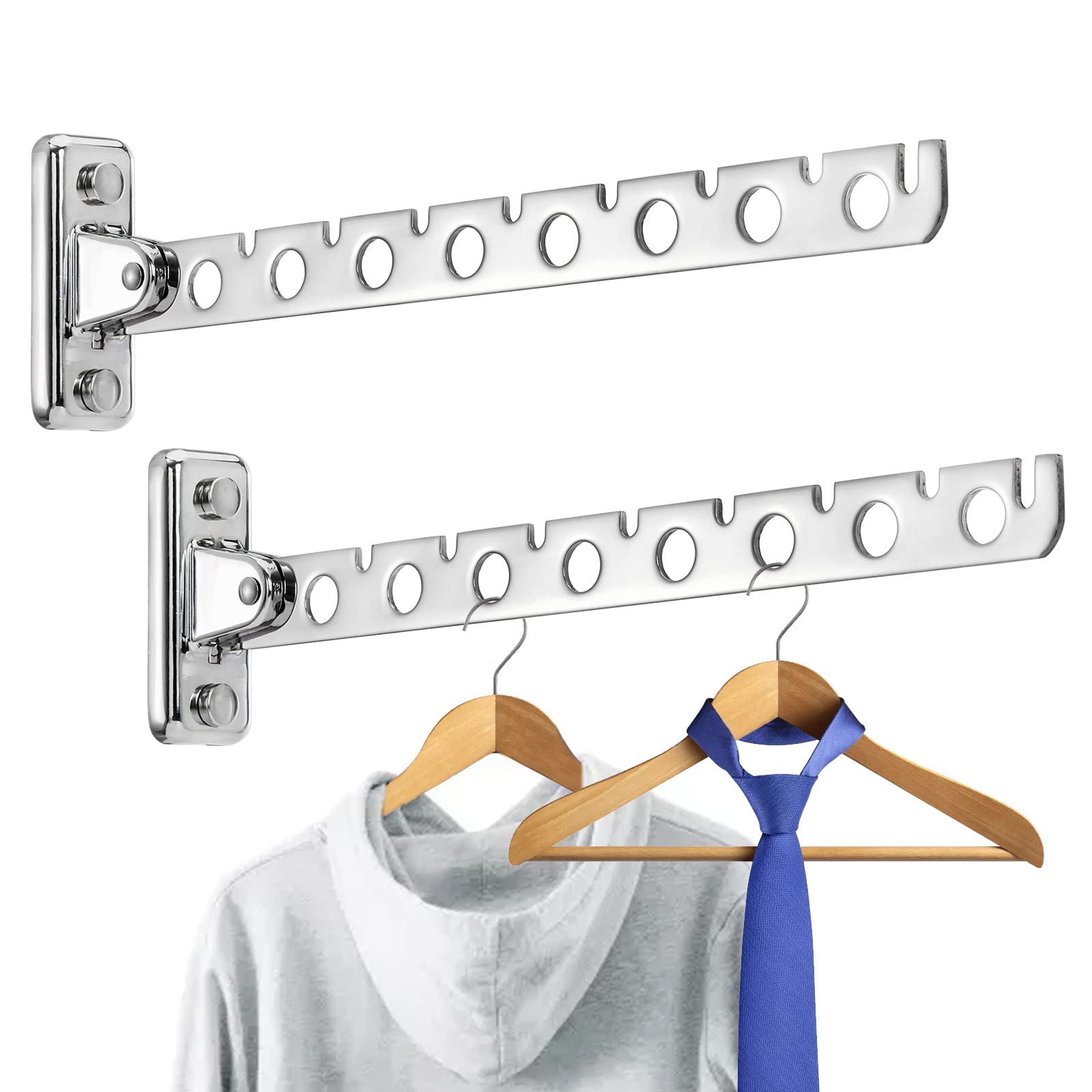 Hiceeden 2 Pack Wall Mounted Clothes Hanger Rack, 12 Inch Stainless Steel Laundry Drying Rack Collapsible, Folding Wall Dryer Racks Hanger for Indoor, Outdoor Hold 16 Hangers