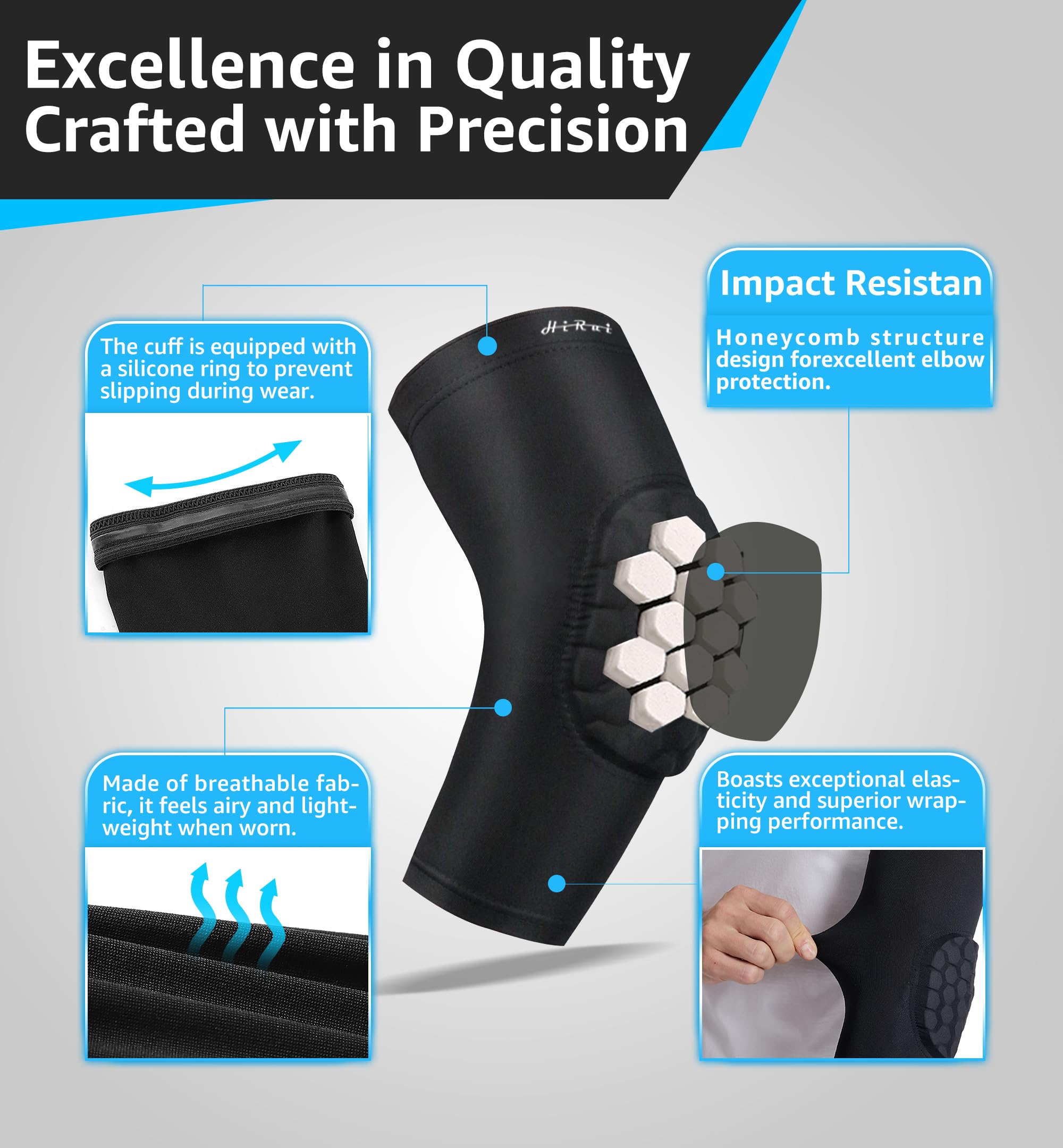 HiRui Elbow Pads, Basketball Baseball Elbow Brace Elbow Support Arm Compression Sleeve Collision Avoidance Elbow Pad for Volleyball Cycling Football Work Out, Women&Men(1Pair) (Black, XL)