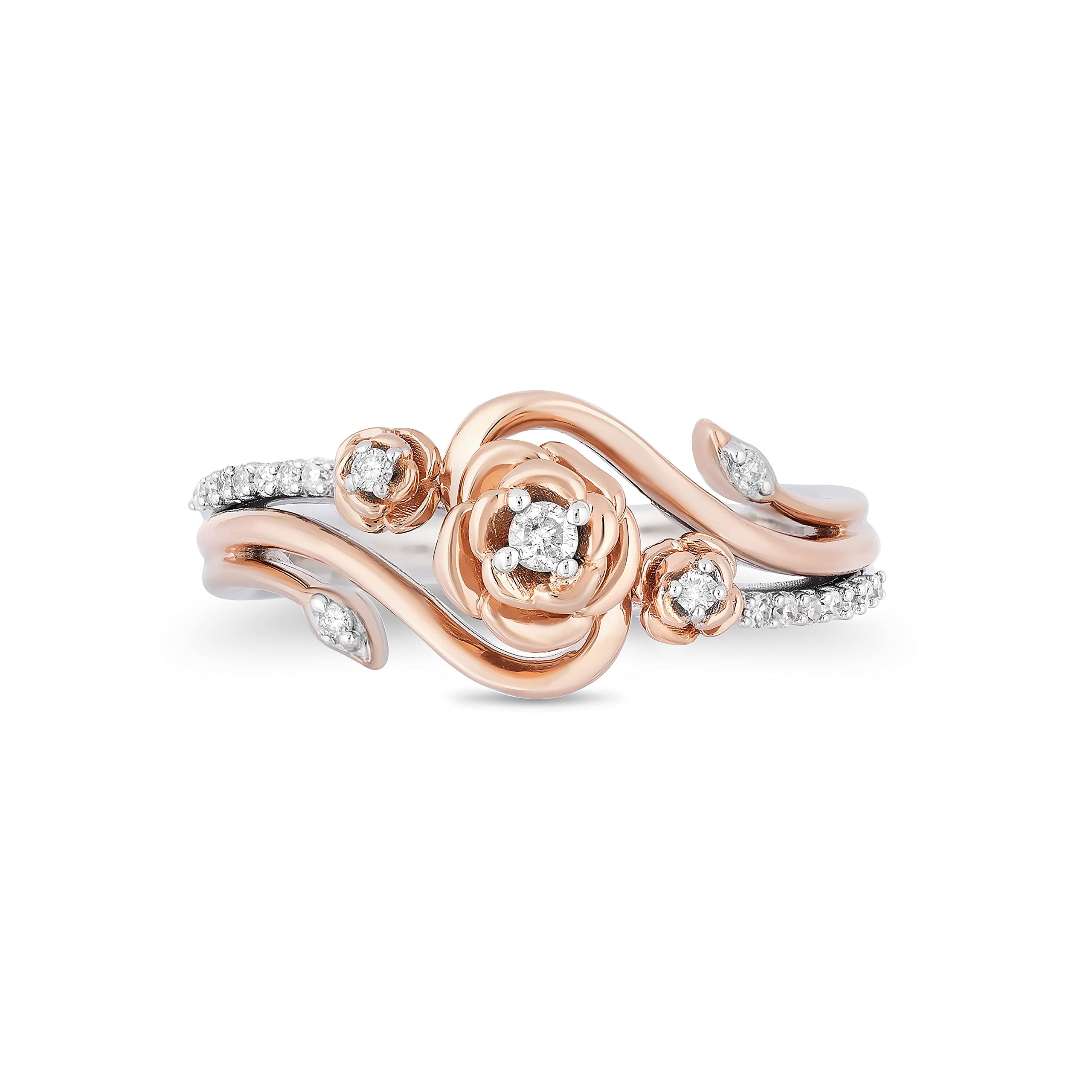 Jewelili Enchanted Disney Fine Jewelry Belle Rose Diamond Ring 1/6 CTTW in 14K Rose Gold over Sterling Silver, Size 9