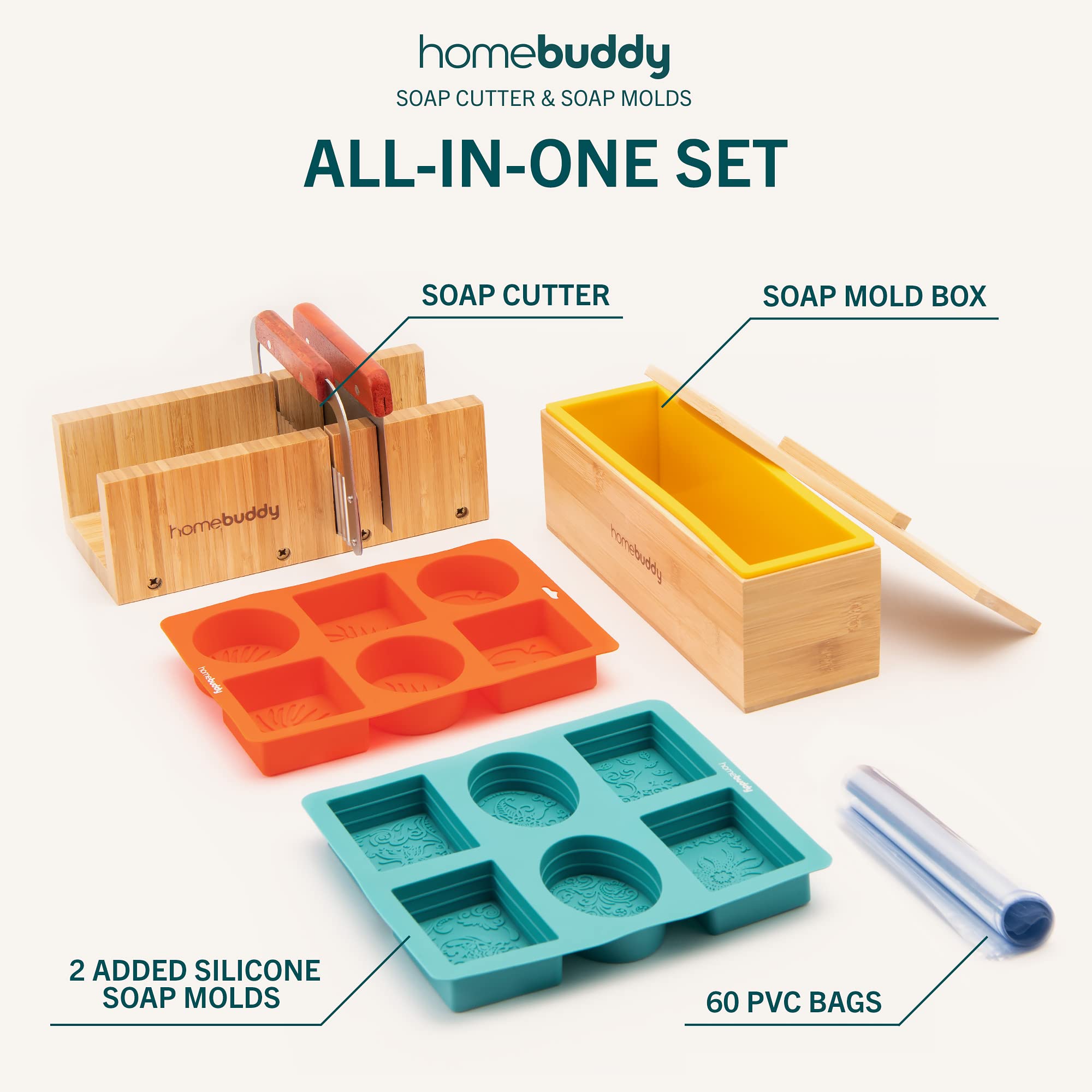 HomeBuddy Soap Molds with Soap Cutter Set - Ultimate Soap Making Supplies, Silicone Mold Making Kit with Bamboo Box and Lid, Adjustable Wooden Soap Mold Cutter - All in One Soap Molds for Soap Making