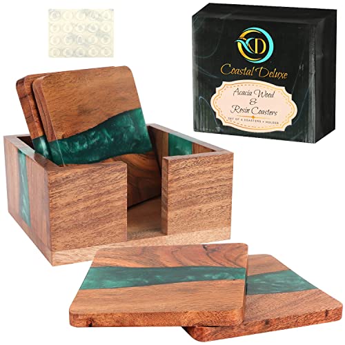 Wood and Resin Coasters Set of 4 with Holder for Wooden Table, Handmade Acacia Wood and Epoxy Resin Coaster Set, Protect Tables, Non-Absorbent and Easy to Clean, for Home, Office, or Bar
