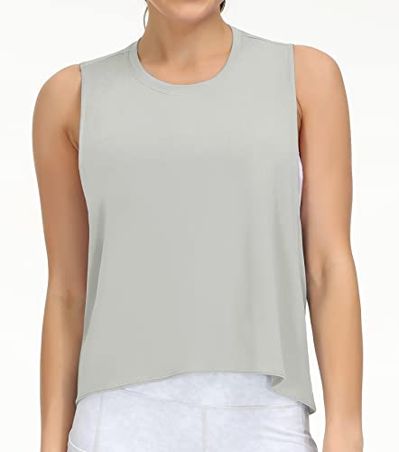 THE GYM PEOPLE Women's Open Cross Back Workout Tank Tops Loose Fit Sleeveless Yoga Running Shirts Light Grey