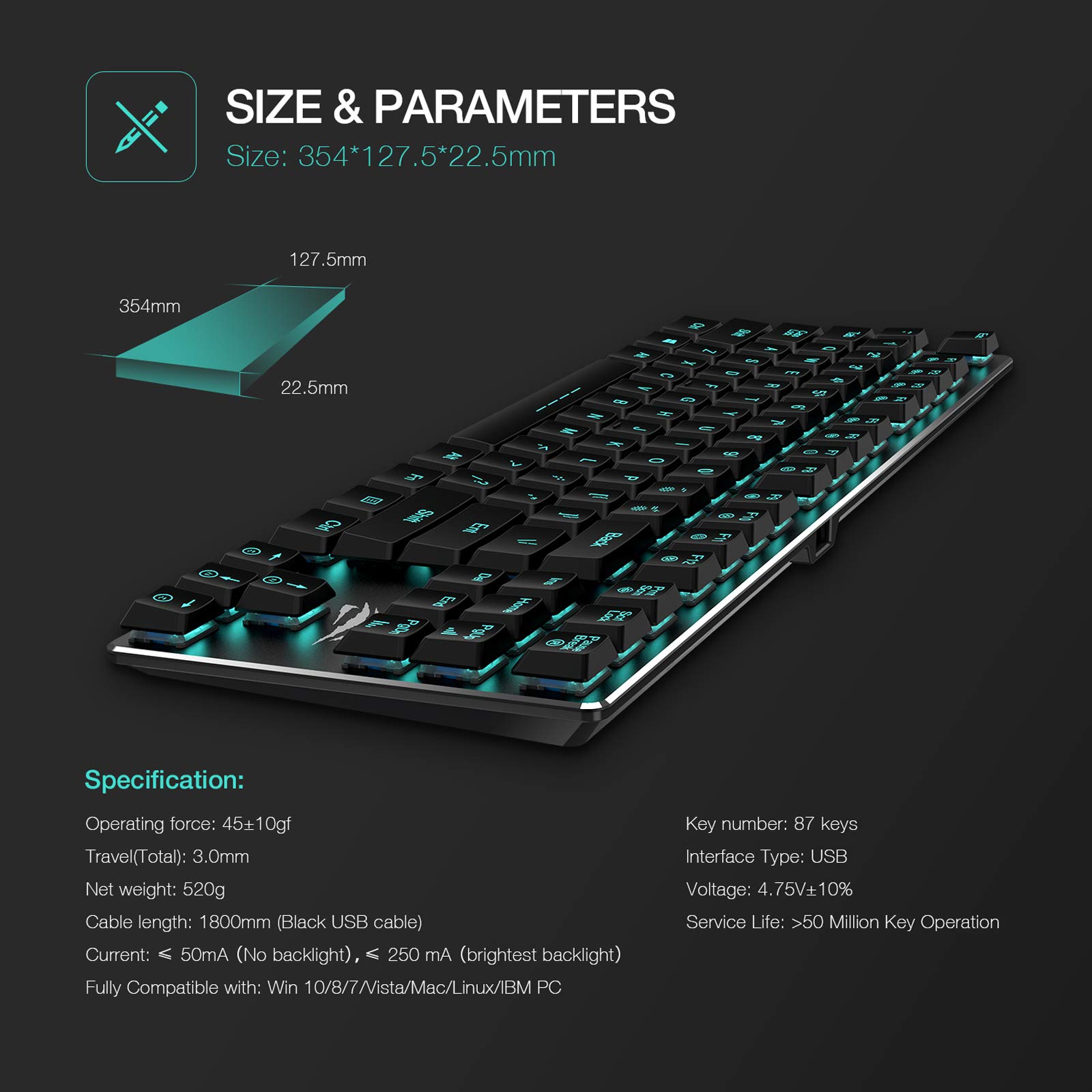 havit Mechanical Keyboard Backlit Wired Gaming Keyboard Extra-Thin & Light, Kailh Latest Low Profile Blue Switches, 87 Keys N-Key Rollover (Black)