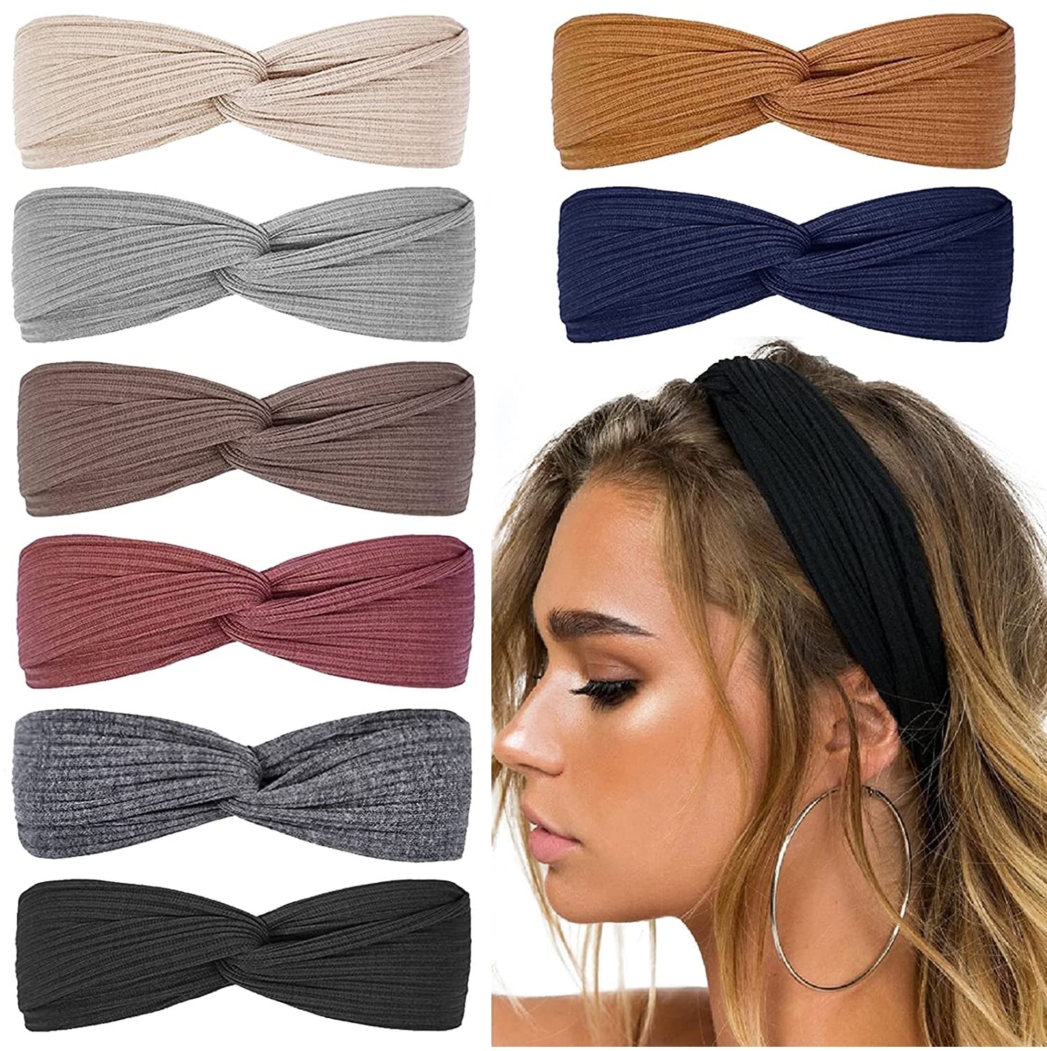 Huachi Women Headbands Headwraps Twisted Wide Elastic Turban Thick Hair Accessories, 8 Pack