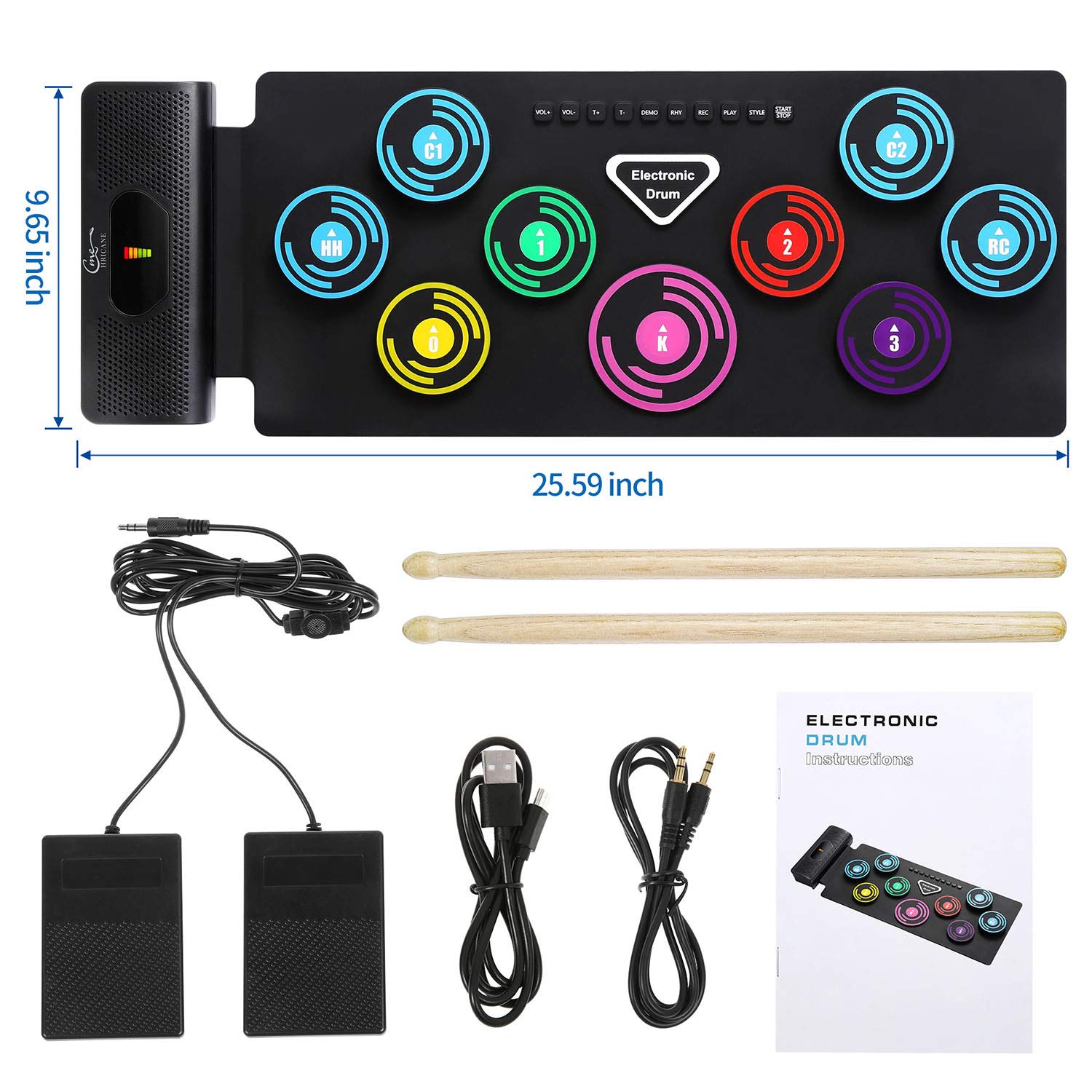 Hricane Electronic Drum Set 9 Pads, Roll Up Drum Practice Kit USB Rechargeable Thickened Drum Pad with MIDI Headphone Jack Built-in Speaker with Foot Pedals Drumsticks for Adult Kids Beginners