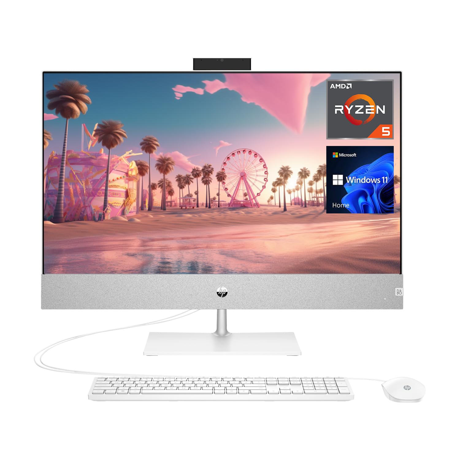 HP Pavilion All-in-One Desktop, 27” FHD Display, AMD Ryzen 5 5500U Processor, 32GB RAM, 2TB SSD, Wi-Fi 6, Webcam, HDMI, RJ-45, Wired KB & Mouse, Windows 11 Home, White