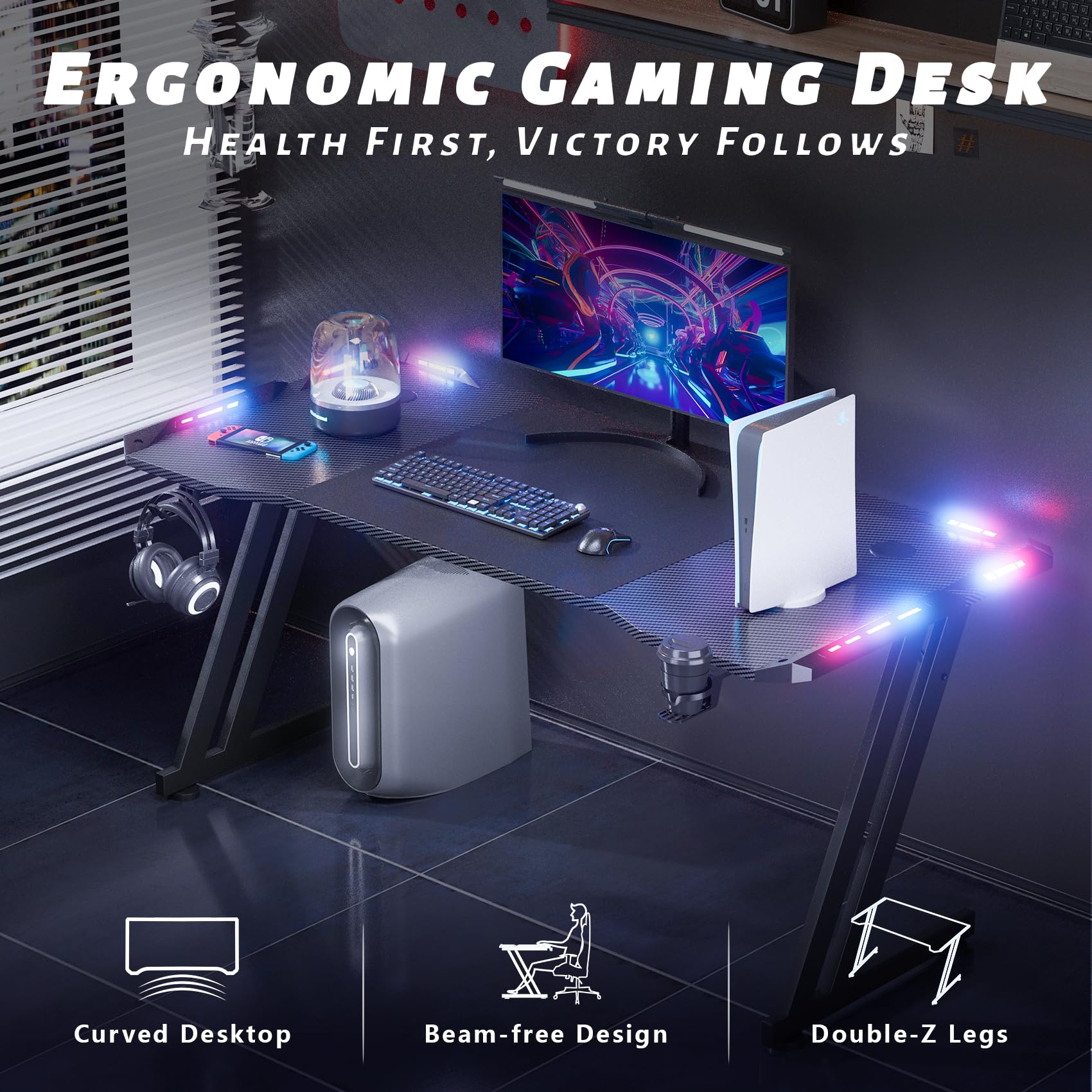 HLDIRECT 47 Inch Gaming Desk with LED Lights Carbon Fibre Surface Gaming Table Large Computer Desk Ergonomic Home Office Desks Z Shaped PC Gamer Workstations Blue