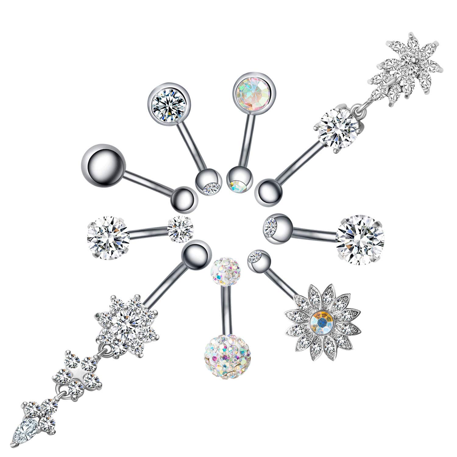 JDXN 6-8PCS 14G Stainless Steel Belly Button Rings CZ Pineapple Dangling Dangle Navel Ring Body Piercing (Black)