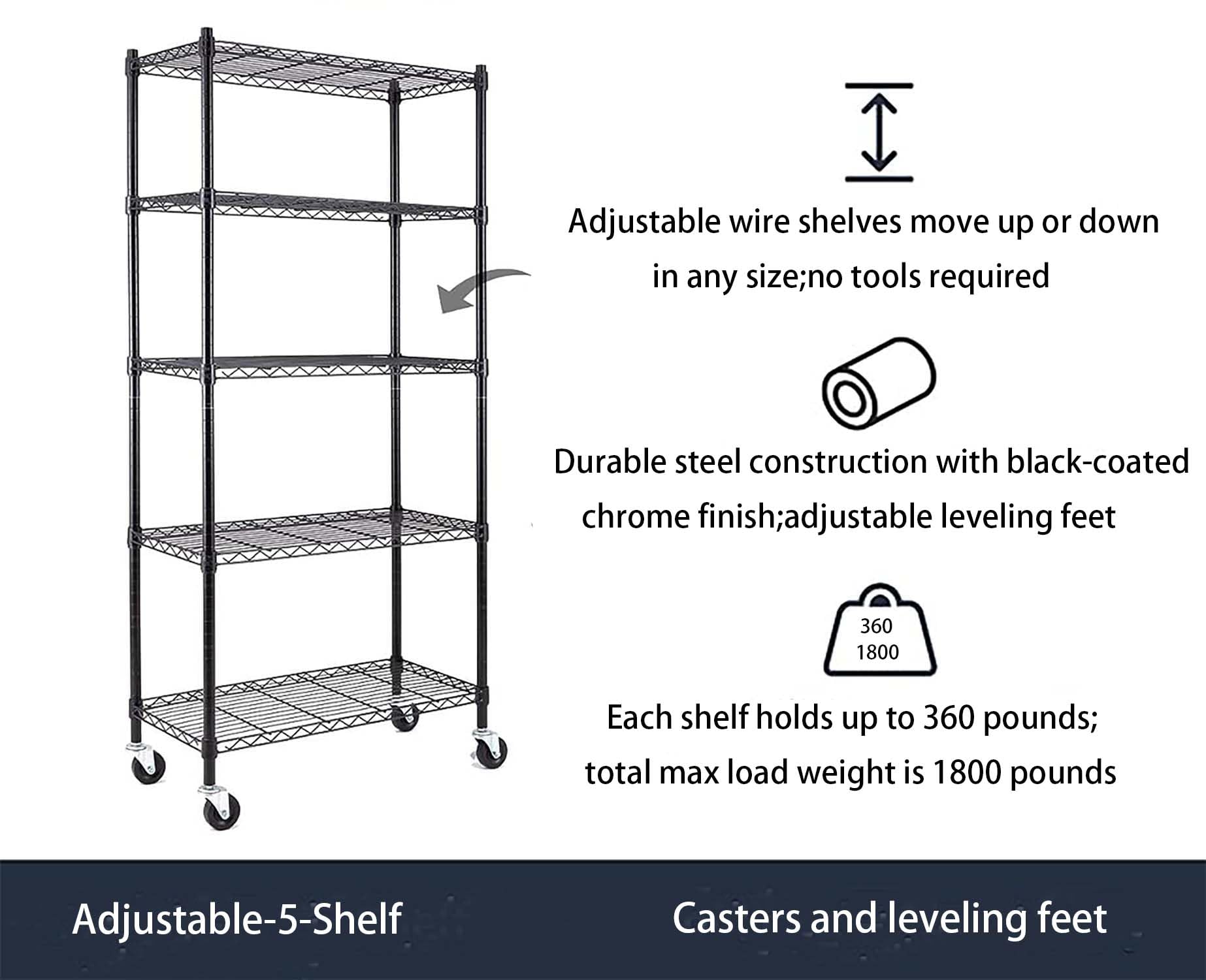 Hlyluoyi 5-Shelf Adjustable, Heavy Duty Storage Shelving Unit on 3'' Wheel Casters, NSF Metal Pantry Shelves, Wire Rack Storage Shelf for Garage Pantry Kitchen, Black, 30" W x 14" D x 63" H