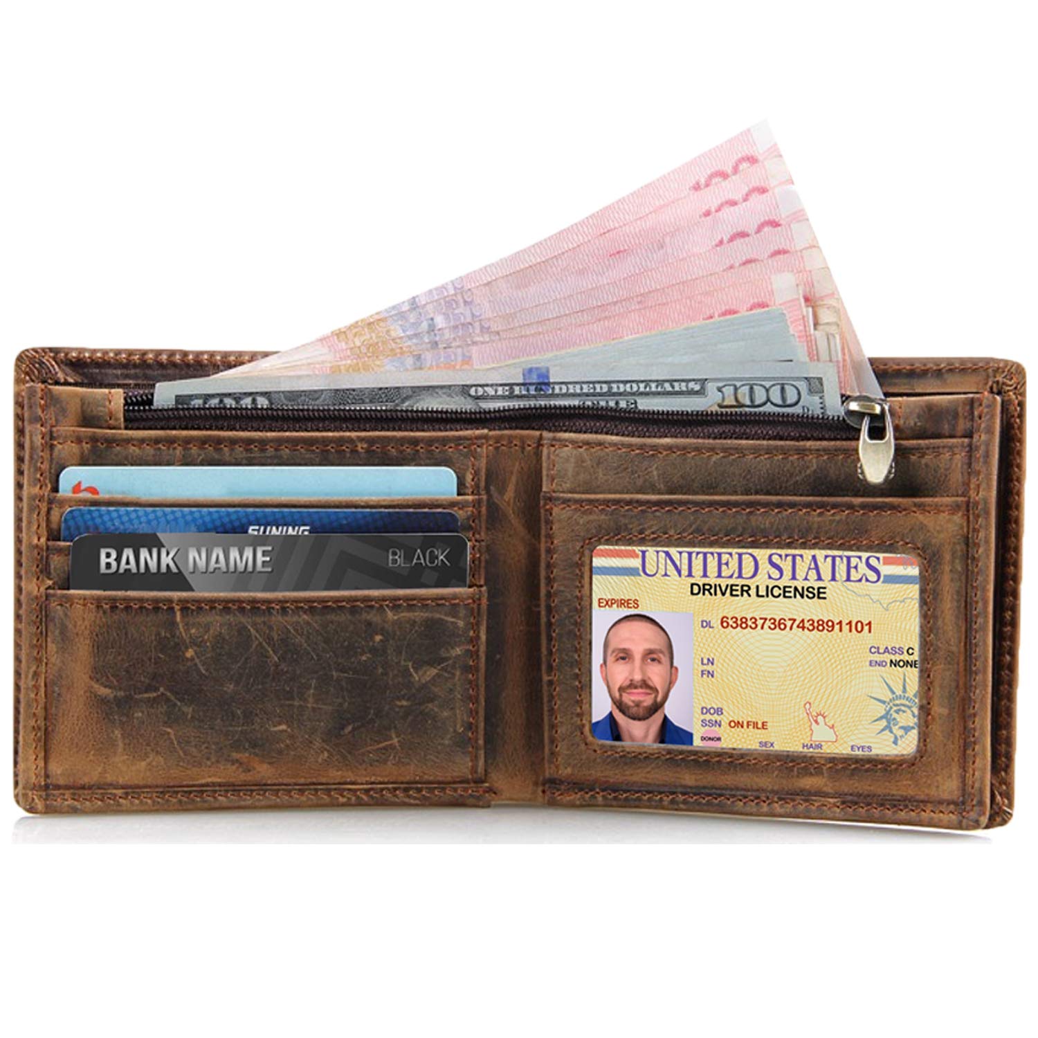HRS Genuine Leather Wallets for Men-Handmade Vintage Italian Distressed Large Bifold Men's Wallet with RFID Blocking ID Window and Zipper